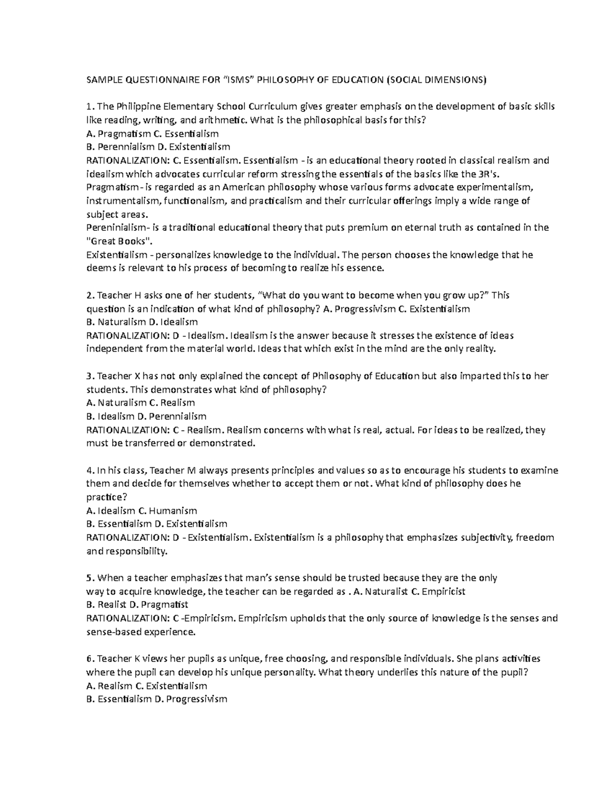 05 Blept - n/a - SAMPLE QUESTIONNAIRE FOR “ISMS” PHILOSOPHY OF ...