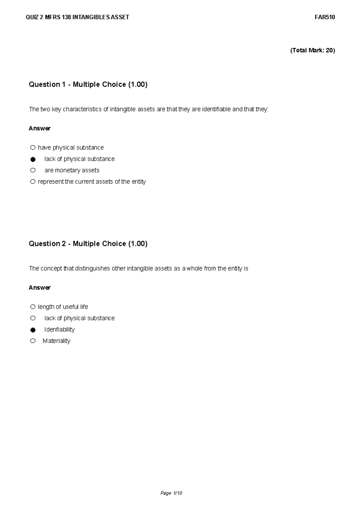 Quiz 2 MFRS 138 Intangibles Asset - (Total Mark: 20) Question 1 ...
