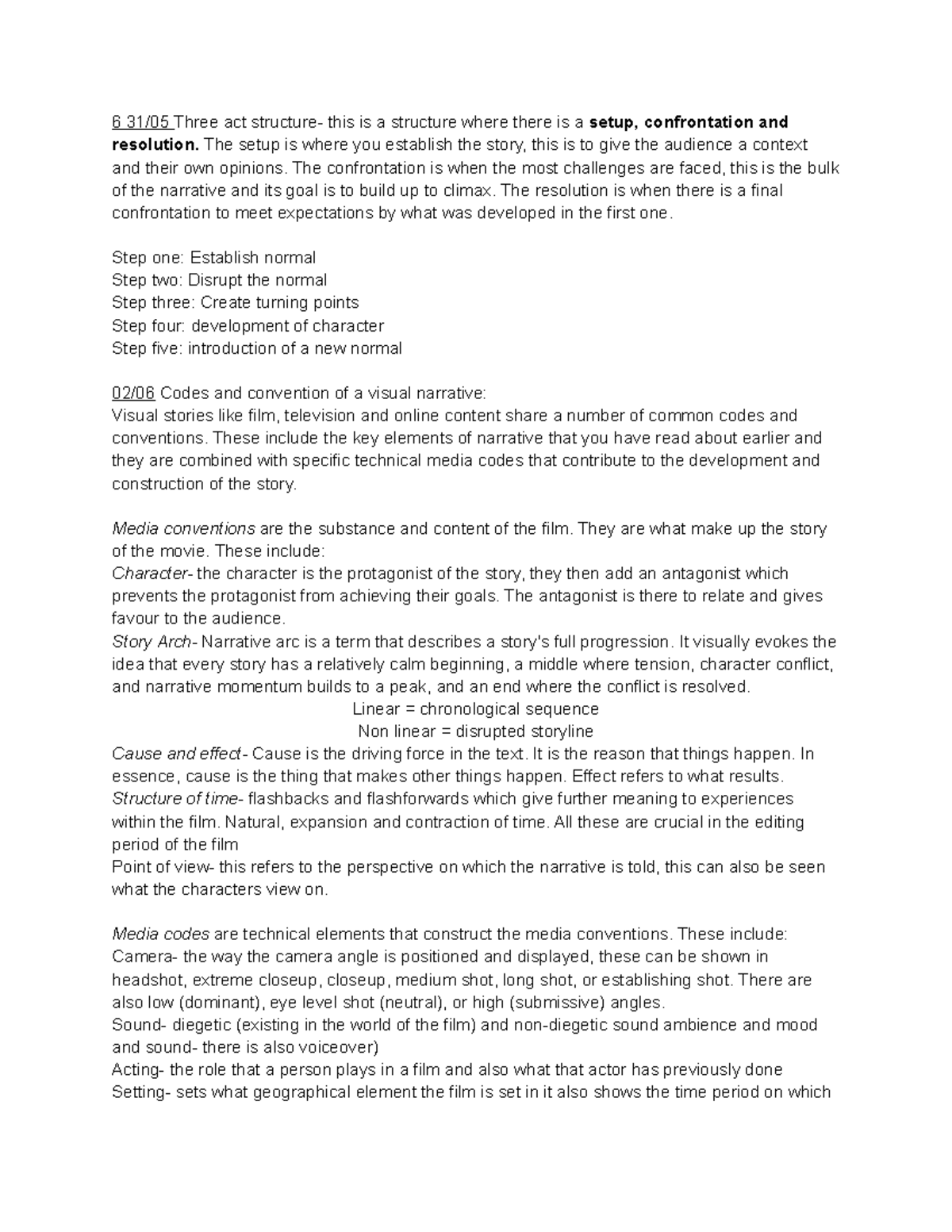 Media Notes Unit 2 - 6 31/05 Three act structure- this is a structure ...