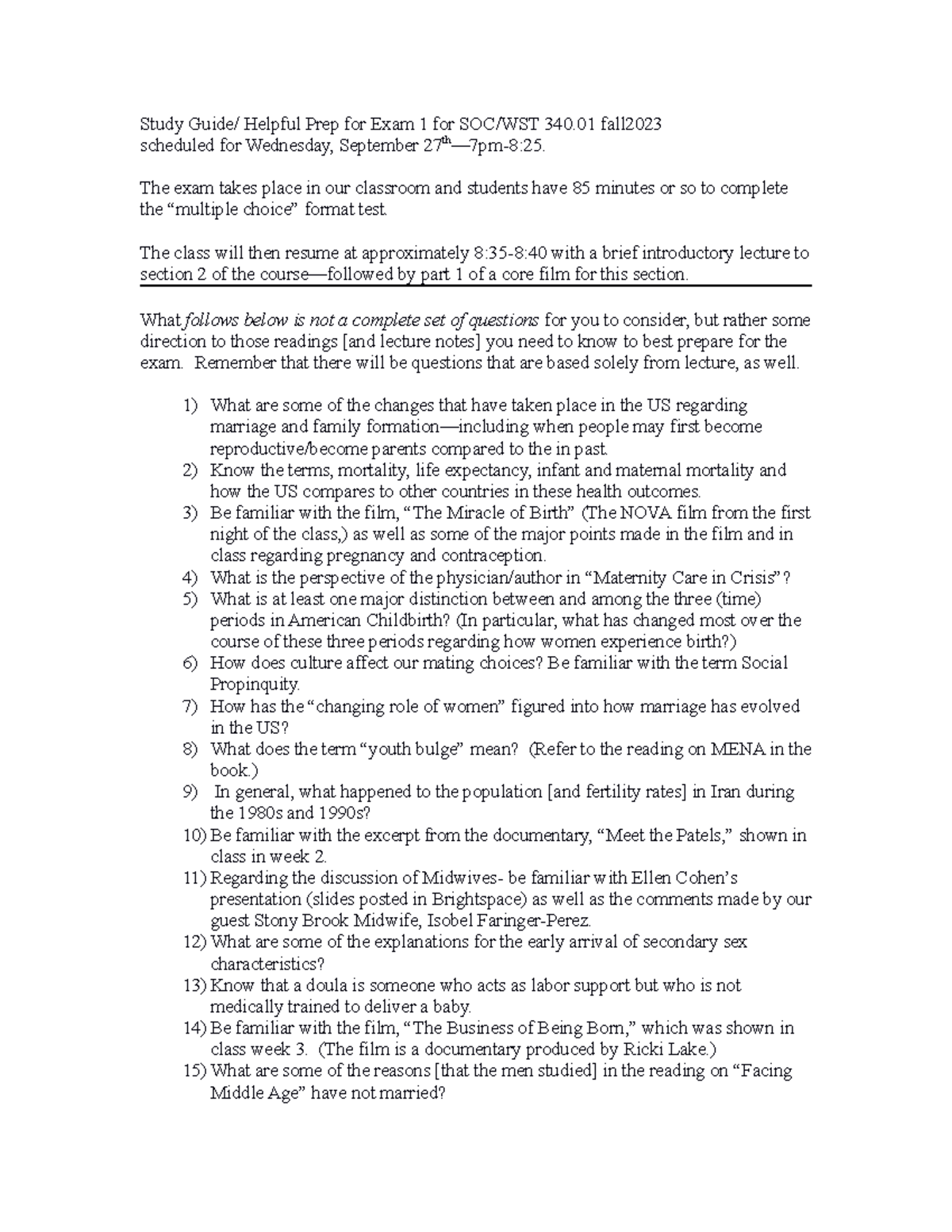 Review Sheet for Exam 1 - Sociology of Human Reproduction - Study Guide ...