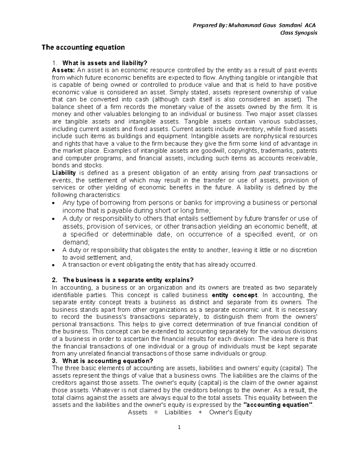 Accounting Equation - Prepared By: Muhammad Gaus Samdani ACA Class ...