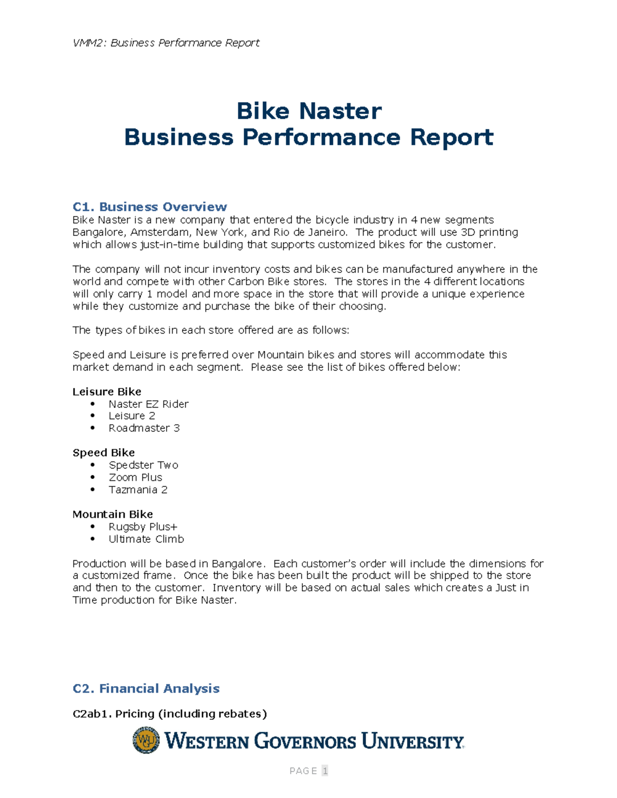Business Performance Report (Bike Naster) 12 - VMM2: Business ...