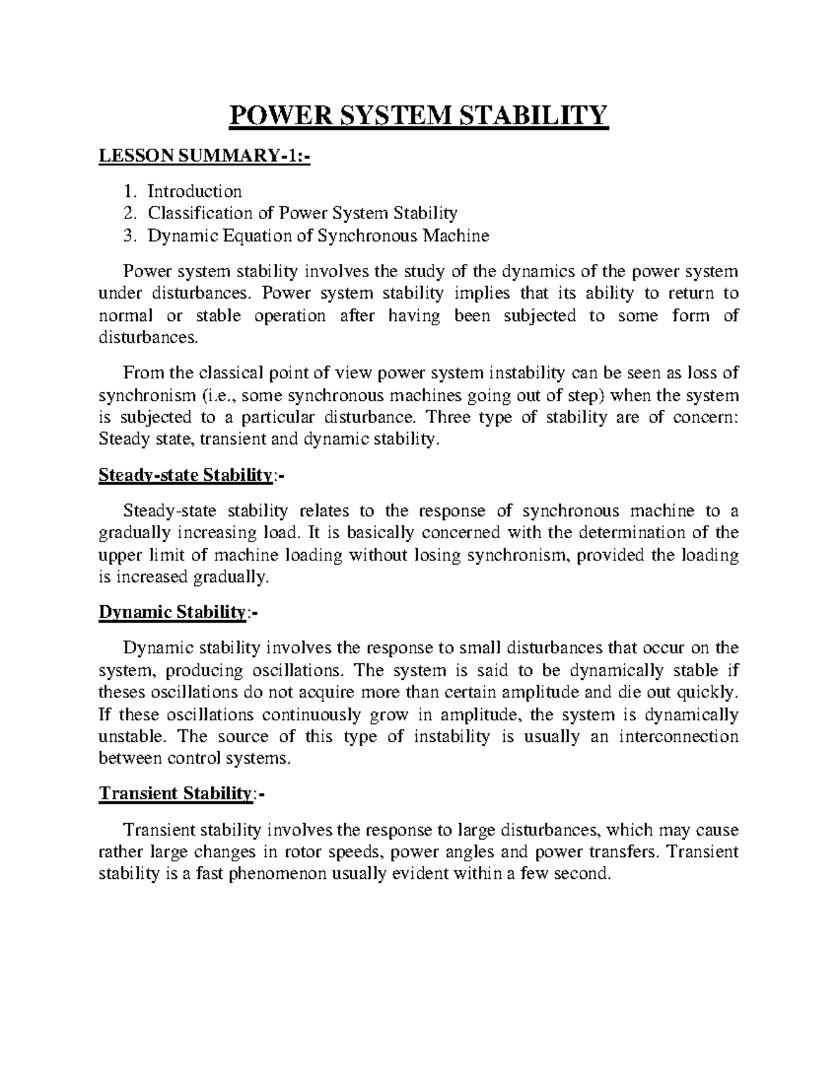 Power system stability - POWER SYSTEM STABILITY LESSON SUMMARY-1 ...