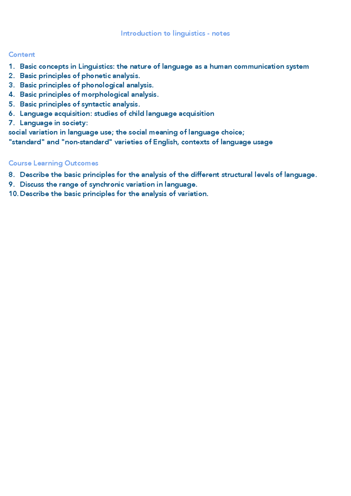 Introduction to linguistics - notes - Introduction to linguistics ...