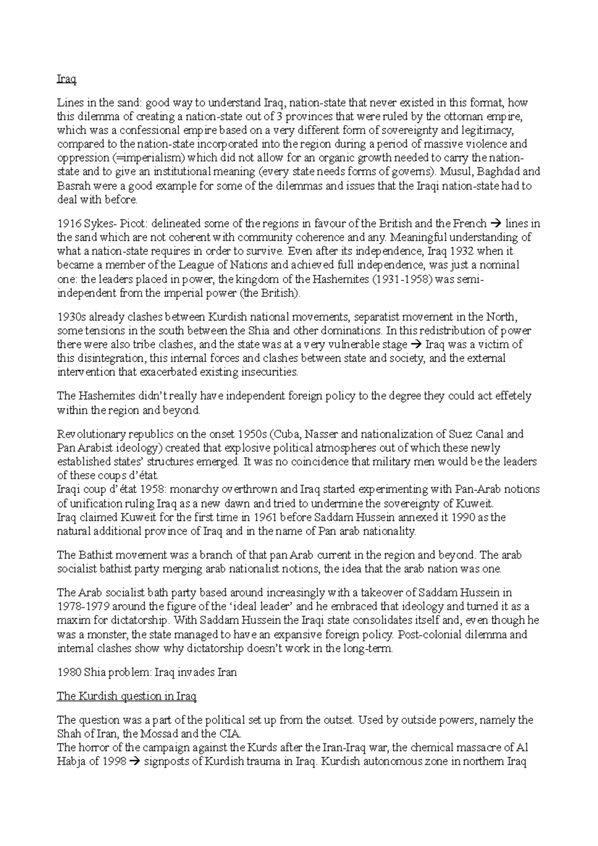 Key points Iraqi history - lecture - Iraq Lines in the sand: good way ...