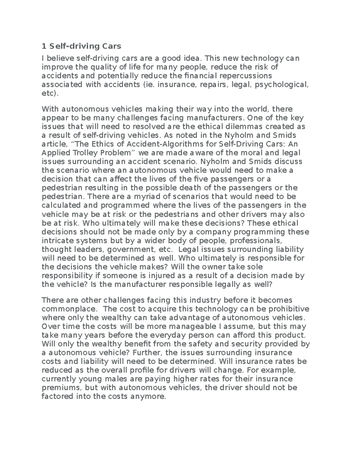 CIS Self Driving Cars - example of graded discussions - 1 Self-driving ...
