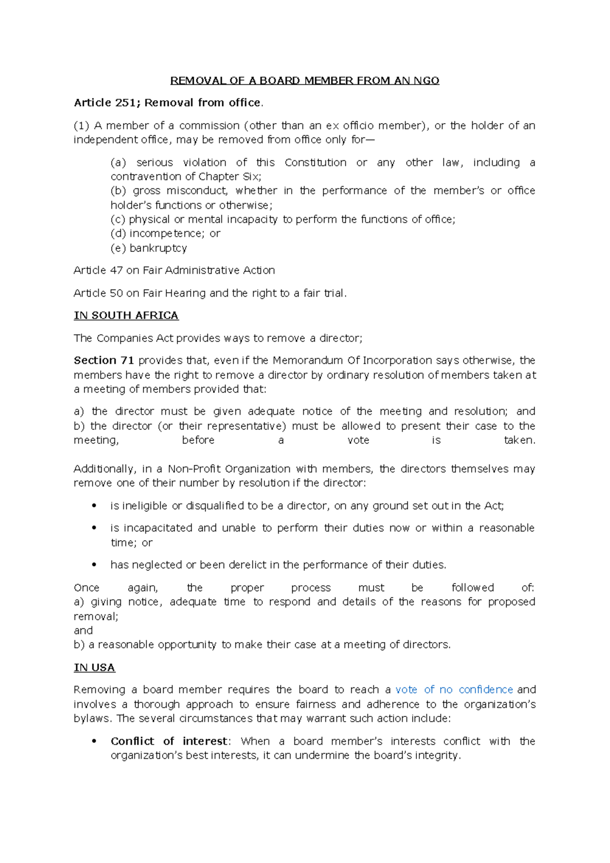 Removal OF A Board Member FROM AN NGO - REMOVAL OF A BOARD MEMBER FROM ...