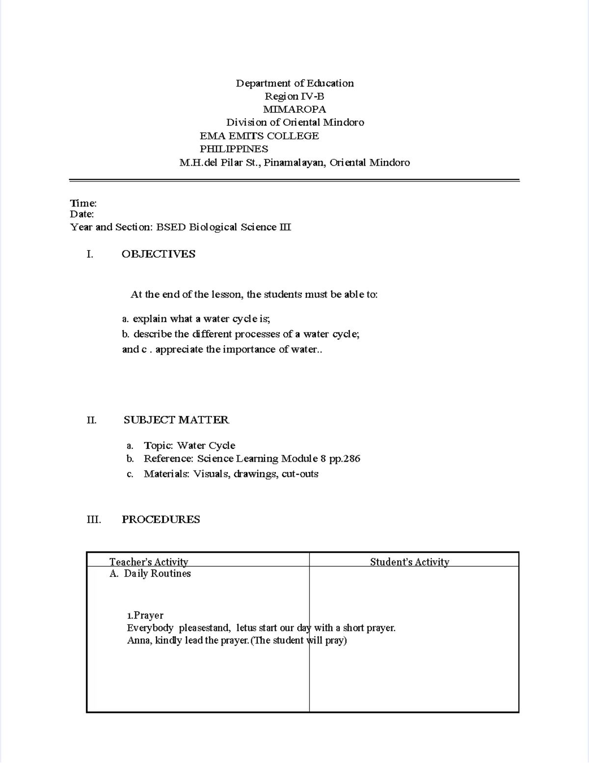 Pdf-4-water-cycle-detailed-lesson-plan - Teacher’s Activity A. Daily Routines Student’s Activity ...