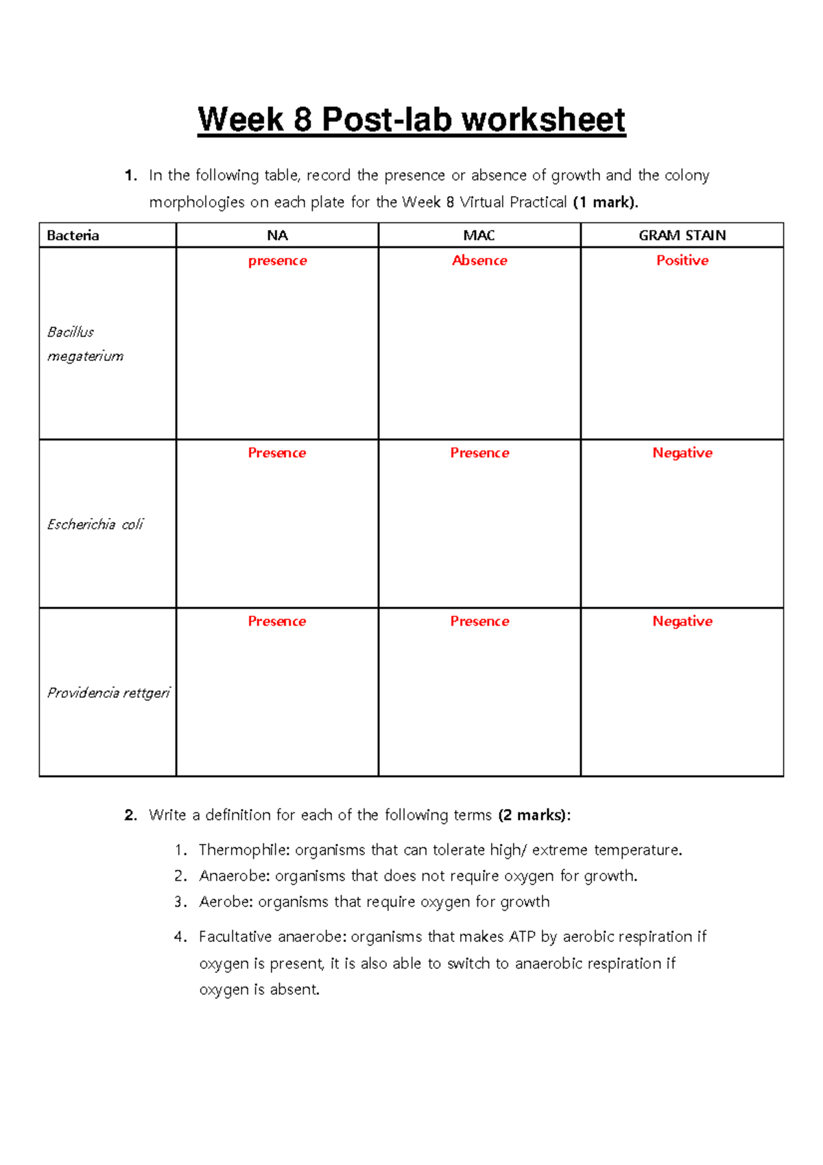 Week 8 post lab - Grade HD - Week 8 Post-lab worksheet In the following ...