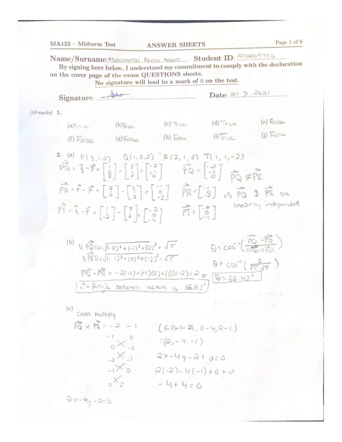 Ma122 midterm - MA122 Midterm Test ANSWER SHEETS Page 1 of 6 Muhammad ...