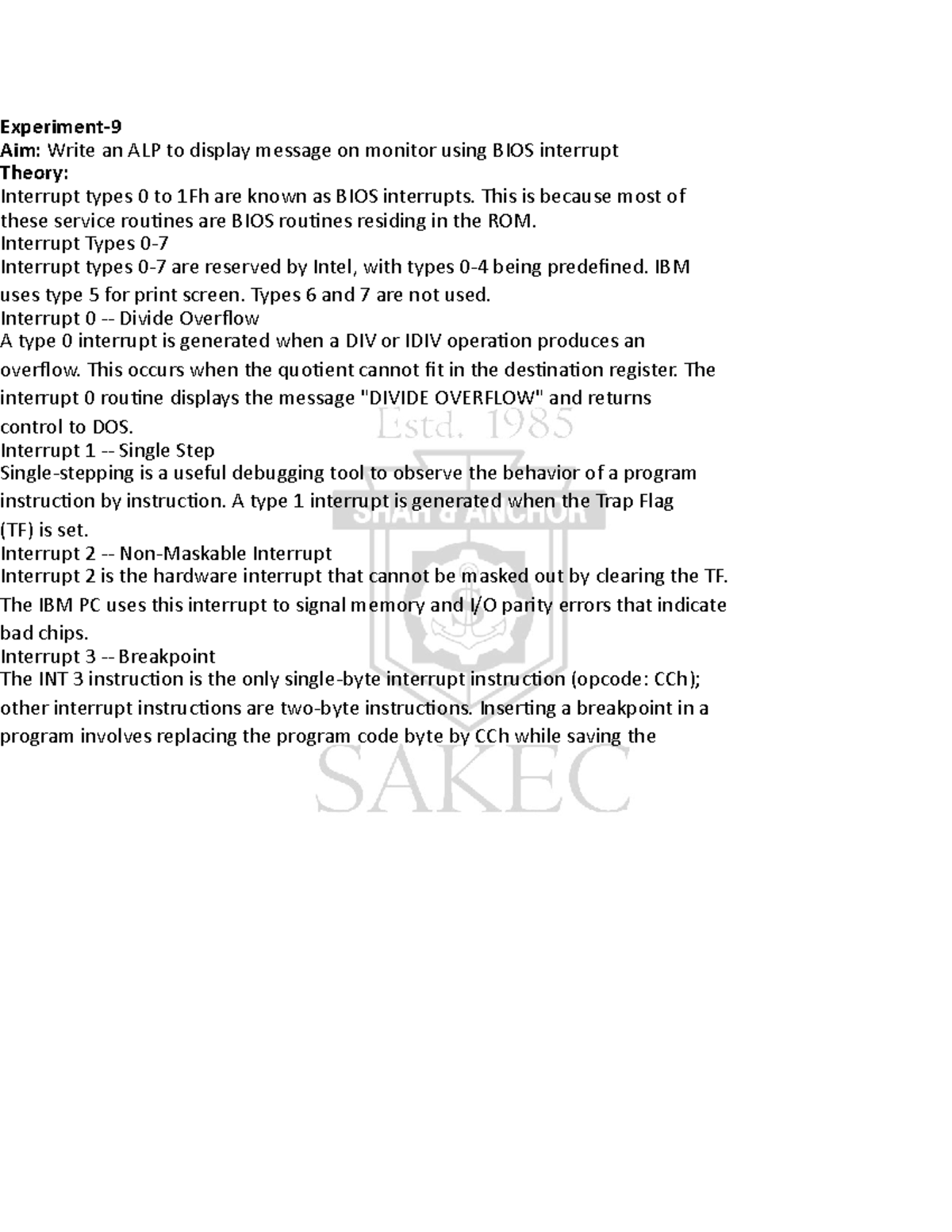 Alp To Display Message On Monitor Using Bios Interrupt Experiment 9 Aim Write An Alp To 4756