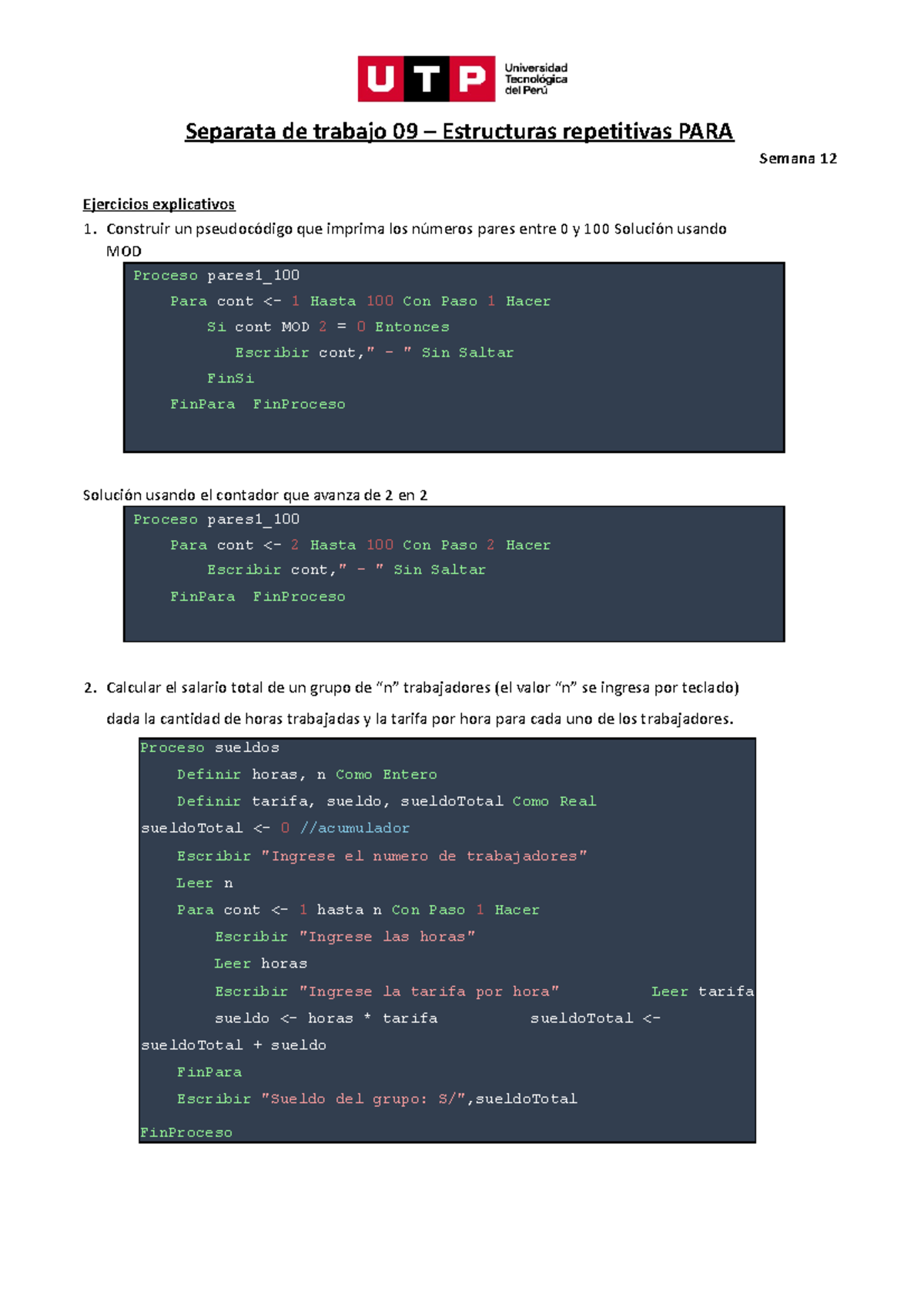 P. Algoritmicos S12 - Separata de trabajo 09 – Estructuras repetitivas PARA Semana 12 Ejercicios ...