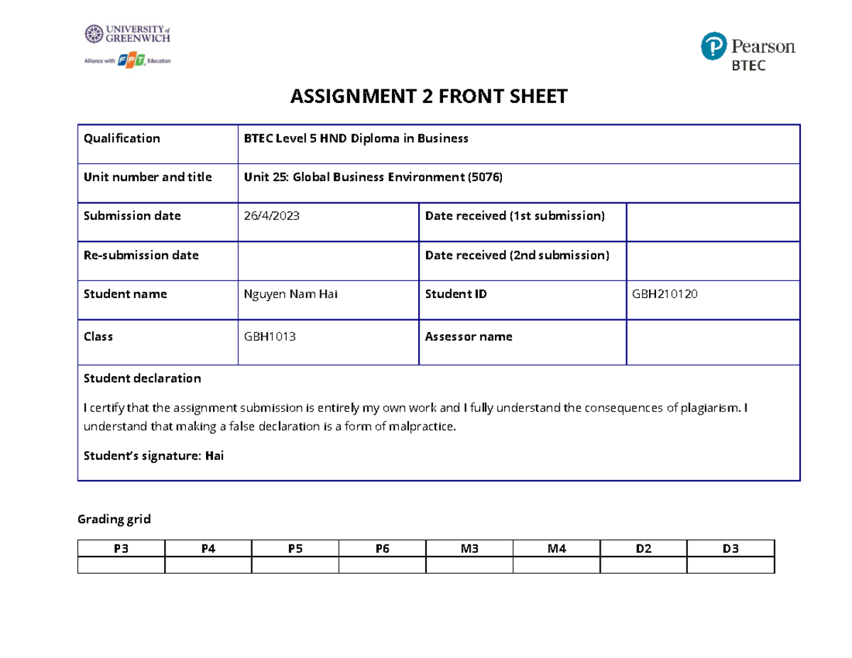 5076 AS2-frontsheet - sdfsdfsd - ASSIGNMENT 2 FRONT SHEET Qualification BTEC Level 5 HND Diploma ...