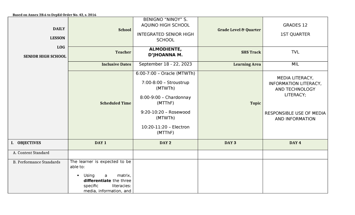 DLL-template - Based on Annex 2B to DepEd Order No. 42, s. 2016 DAILY ...