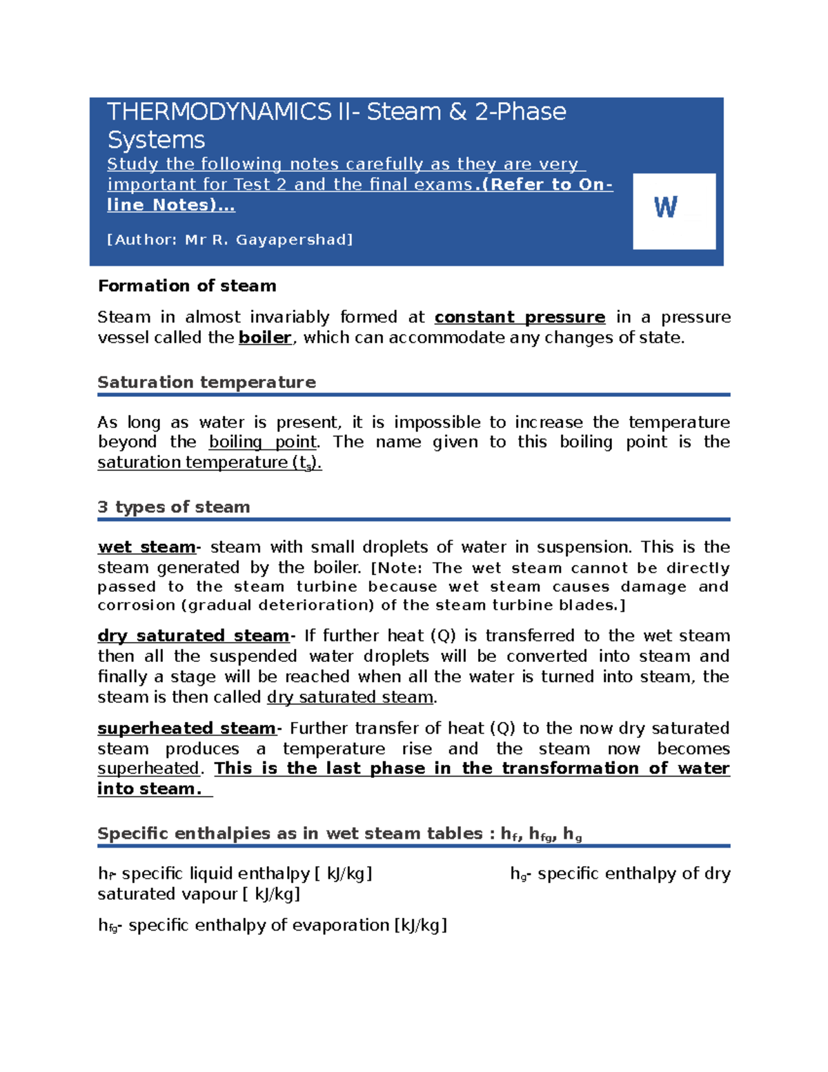 THER102 Steam Notes (Summarised version,)-1 - THERMODYNAMICS II- Steam ...