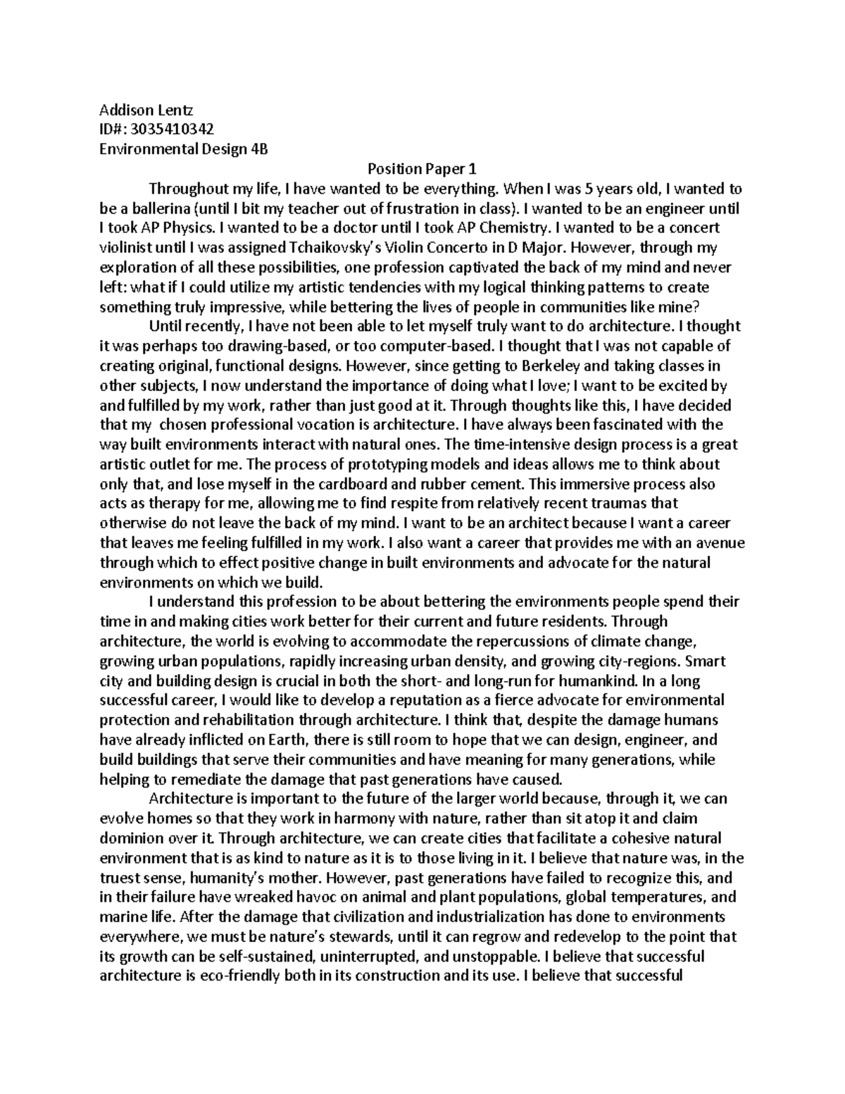 ED4B Position Paper 1 - spring - Addison Lentz ID#: 3035410342 ...