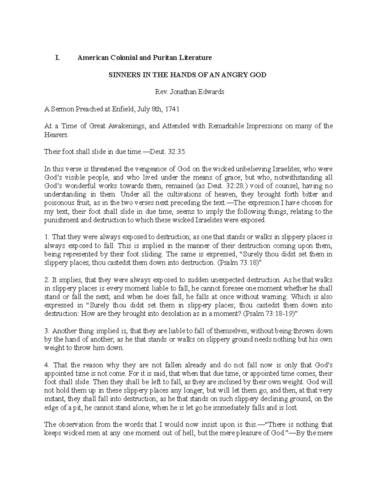 American Colonial and Puritan Literature - I. American Colonial and ...