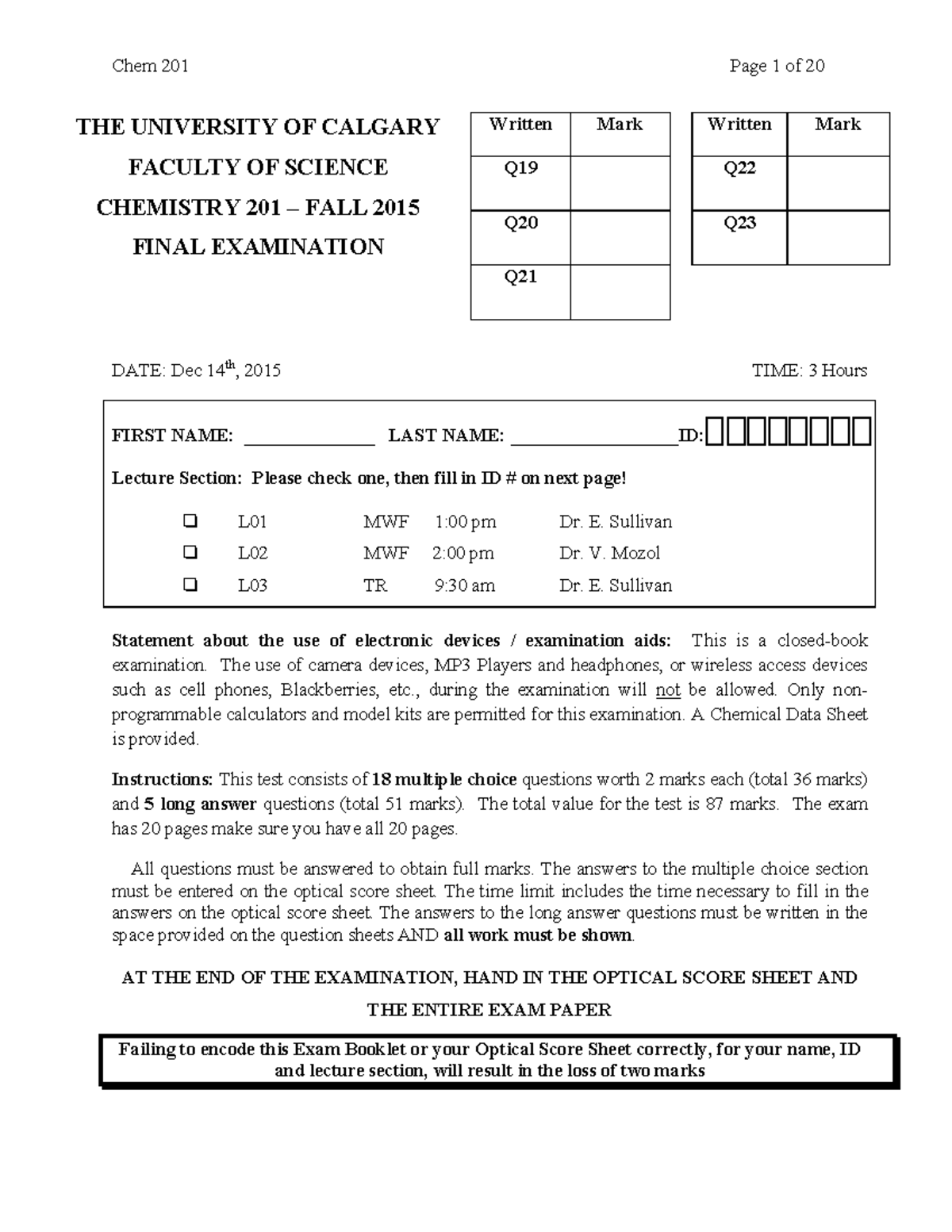 Final Exam 14 December 2015 Questions Chem 201 Page 1 Of 20 THE
