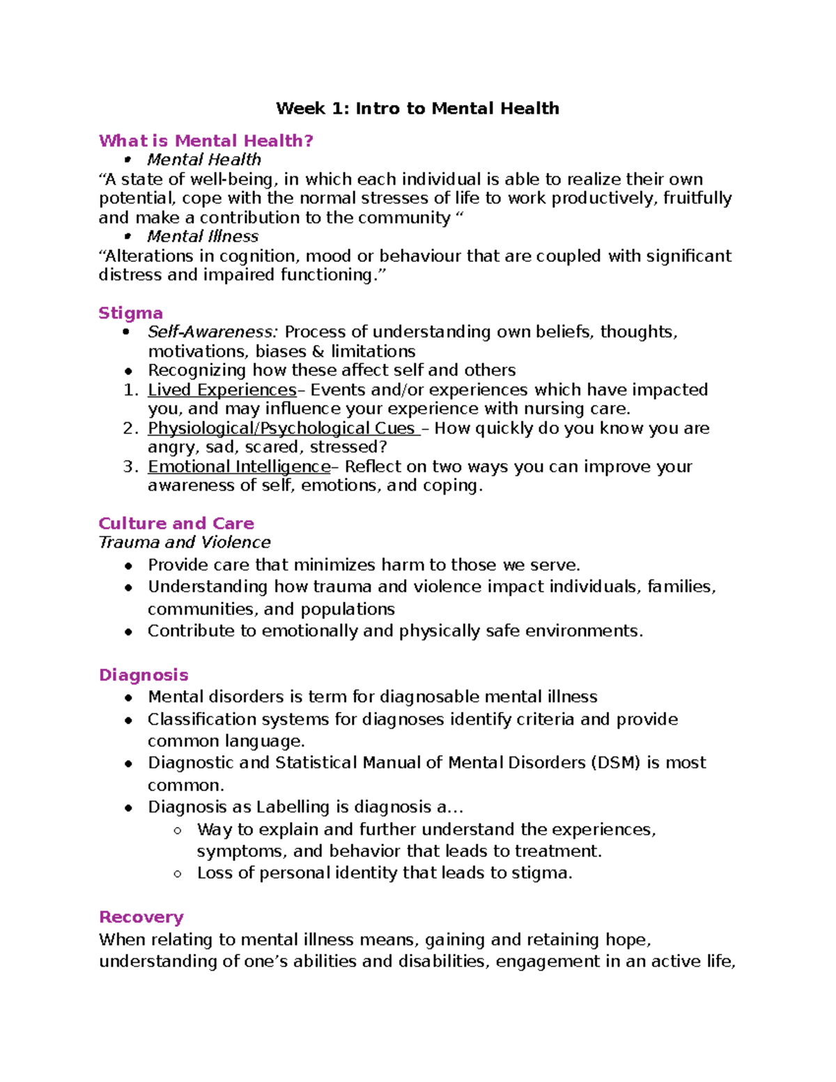 Week 1 Notes - Week 1: Intro to Mental Health What is Mental Health ...