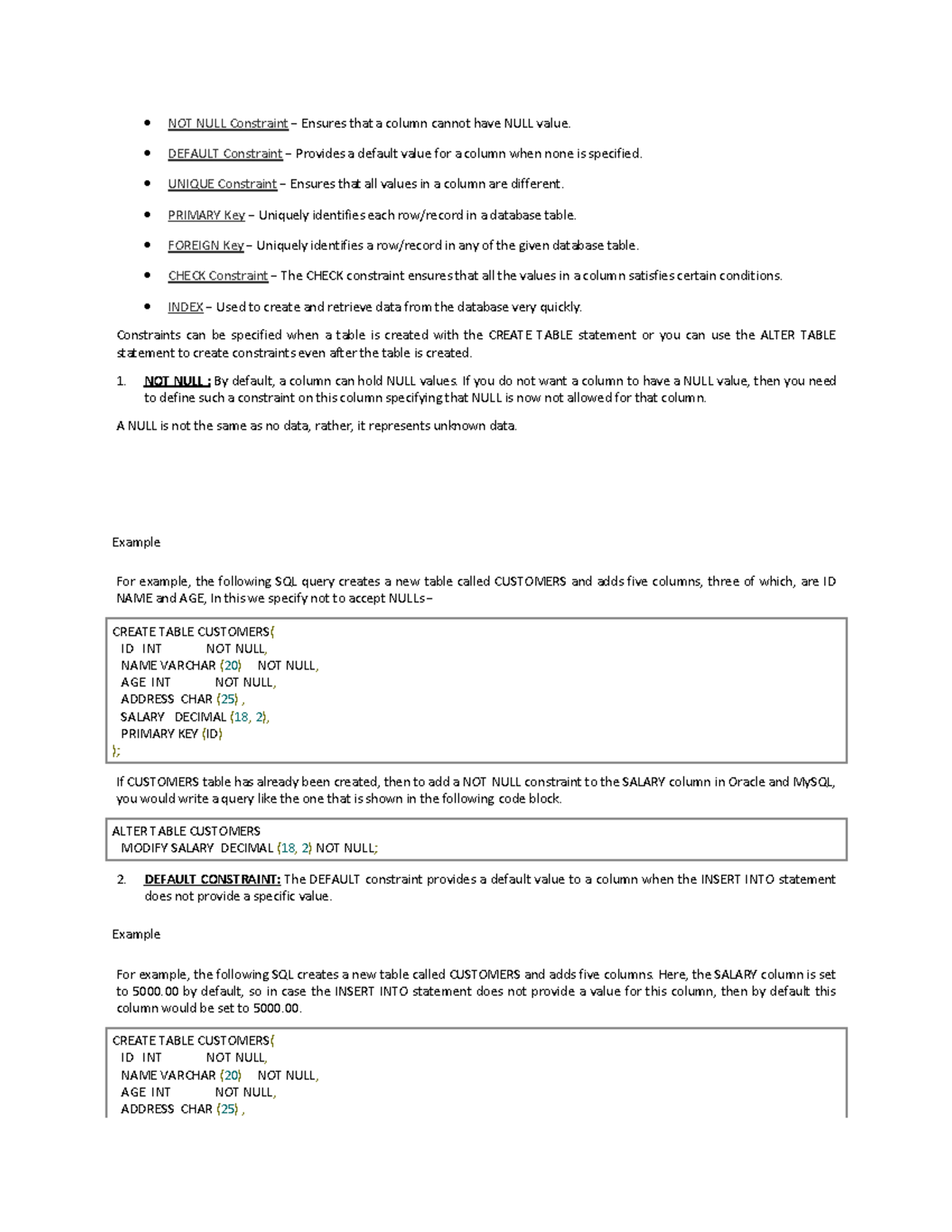SQL Notes-37-40 - • NOT NULL Constraint − Ensures that a column cannot ...