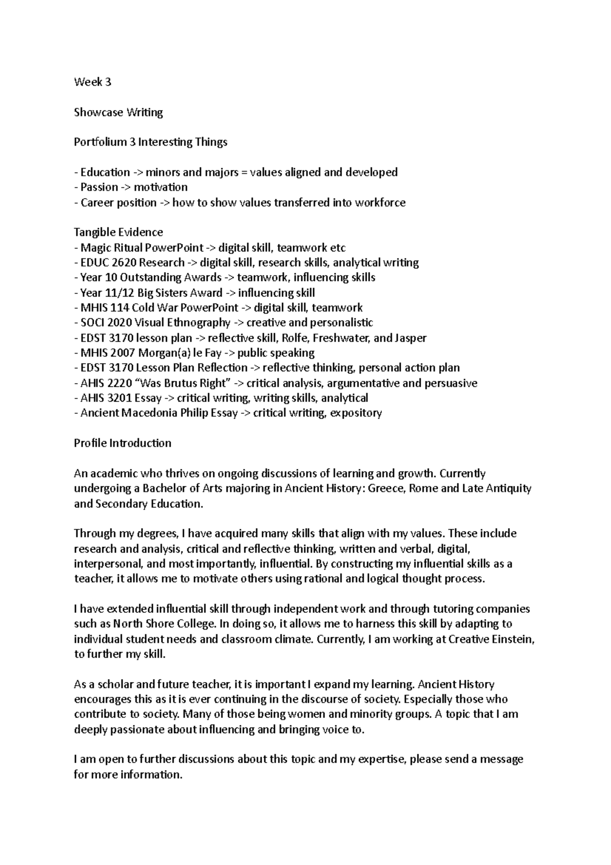 Week 3 - Tutorial notes - Week 3 Showcase Writing Portfolium 3 ...