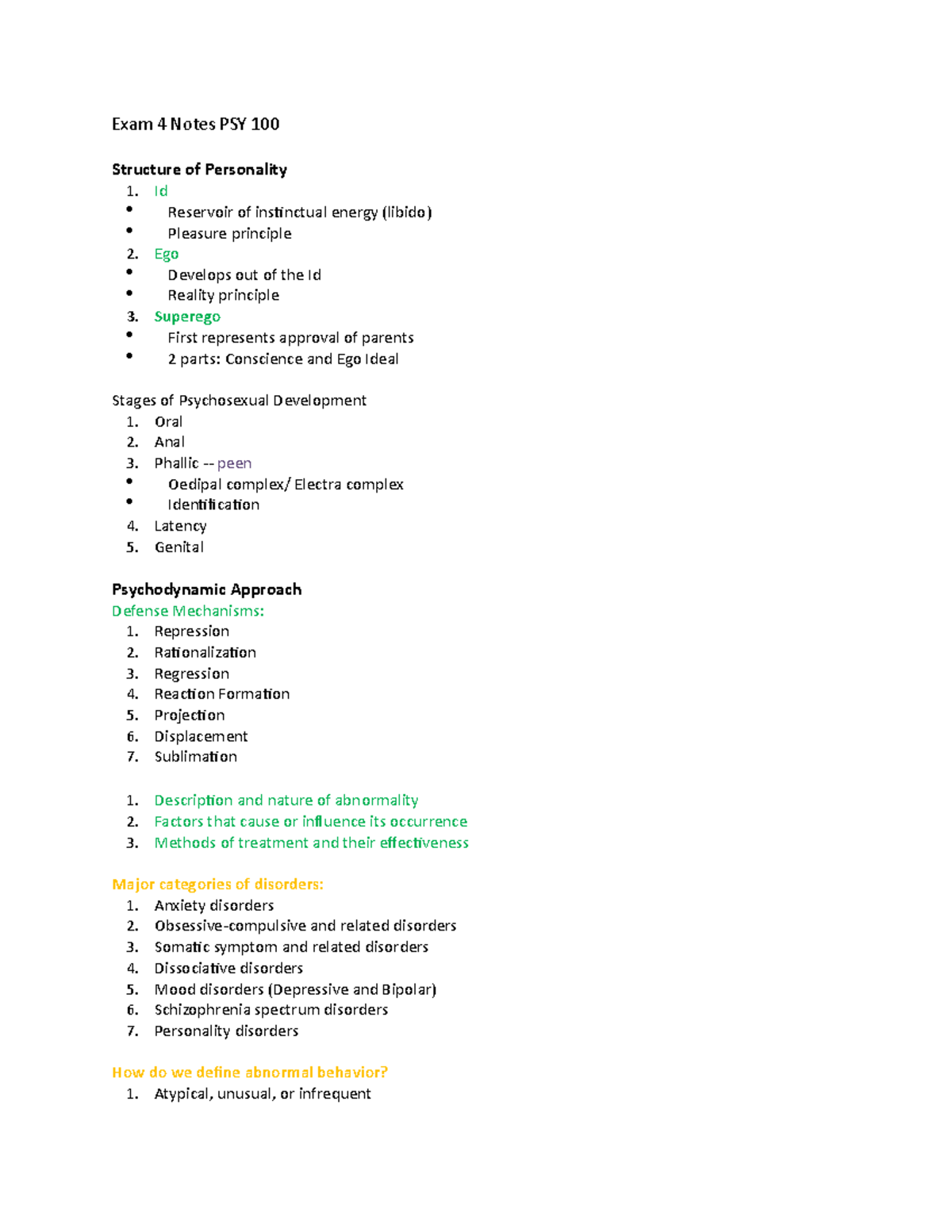Exam 4 Notes PSY 100 - Exam 4 Notes PSY 100 Structure of Personality 1 ...