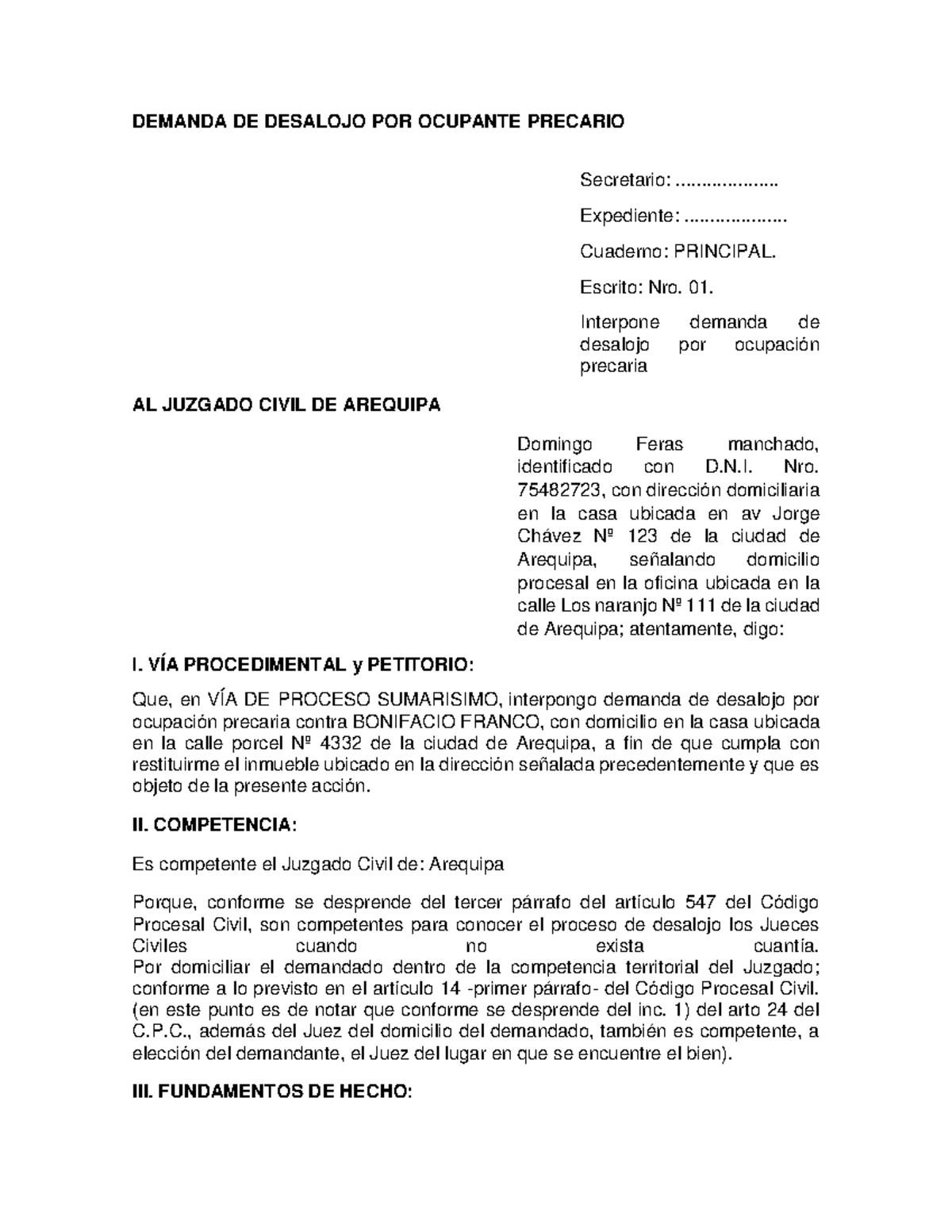 Demannda de ocupacion precaria 2 - DEMANDA DE DESALOJO POR OCUPANTE ...