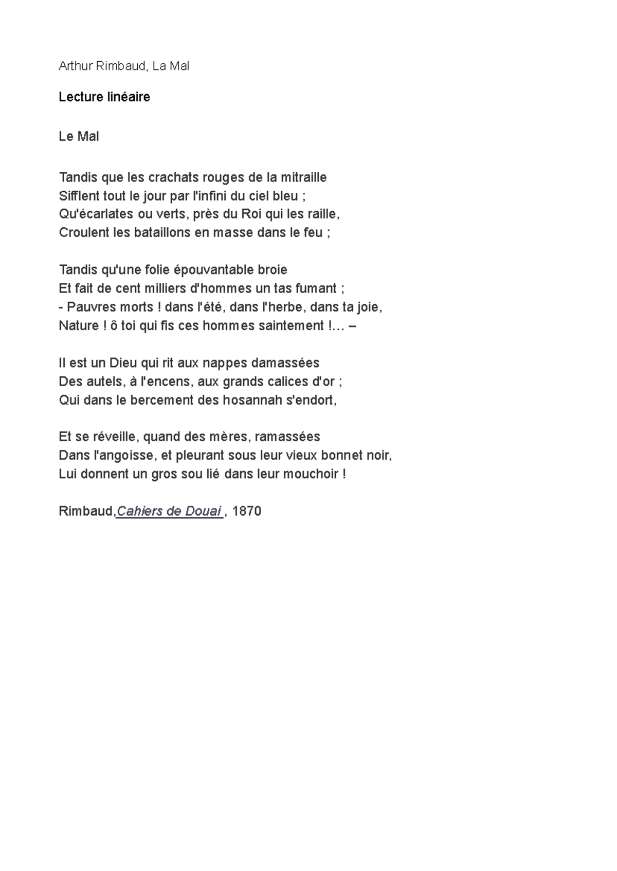 LL Le mal fiche élève - Arthur Rimbaud, La Mal Lecture linéaire Le Mal ...