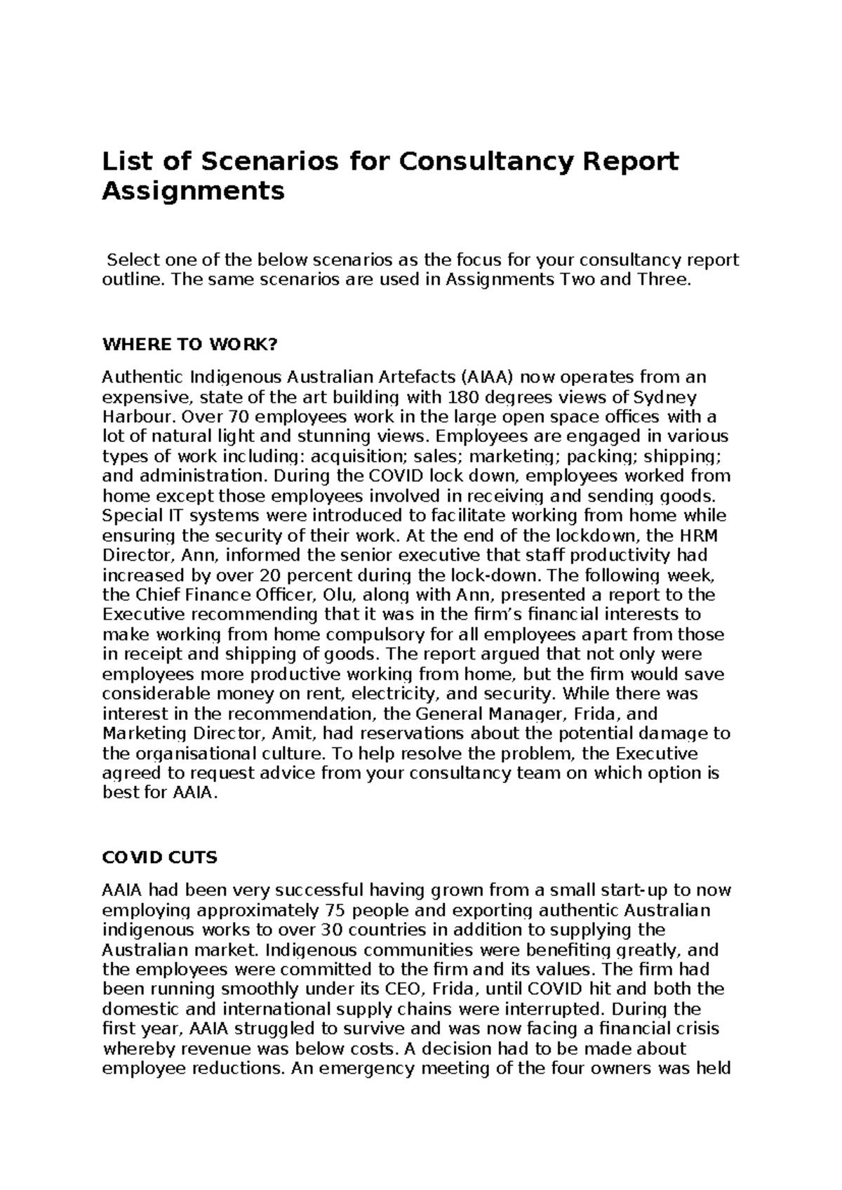 MNGT1001 1A scenarios - List of Scenarios for Consultancy Report ...