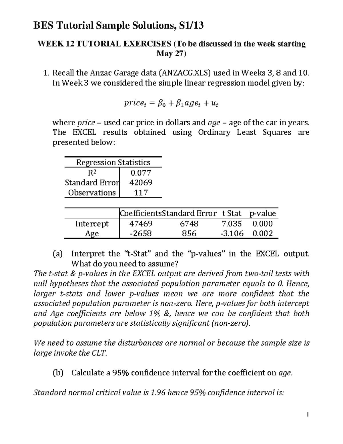 Tut sol week12 - SOLUTIONS - Business and Economic Statistics - BES ...