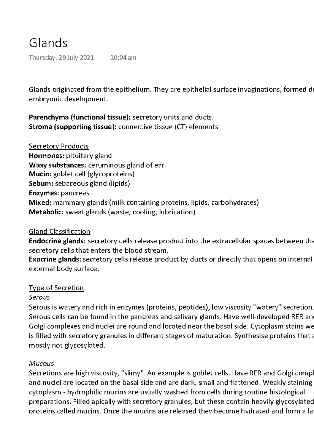 Glands Lecture Notes - Glands originated from the epithelium. They are ...