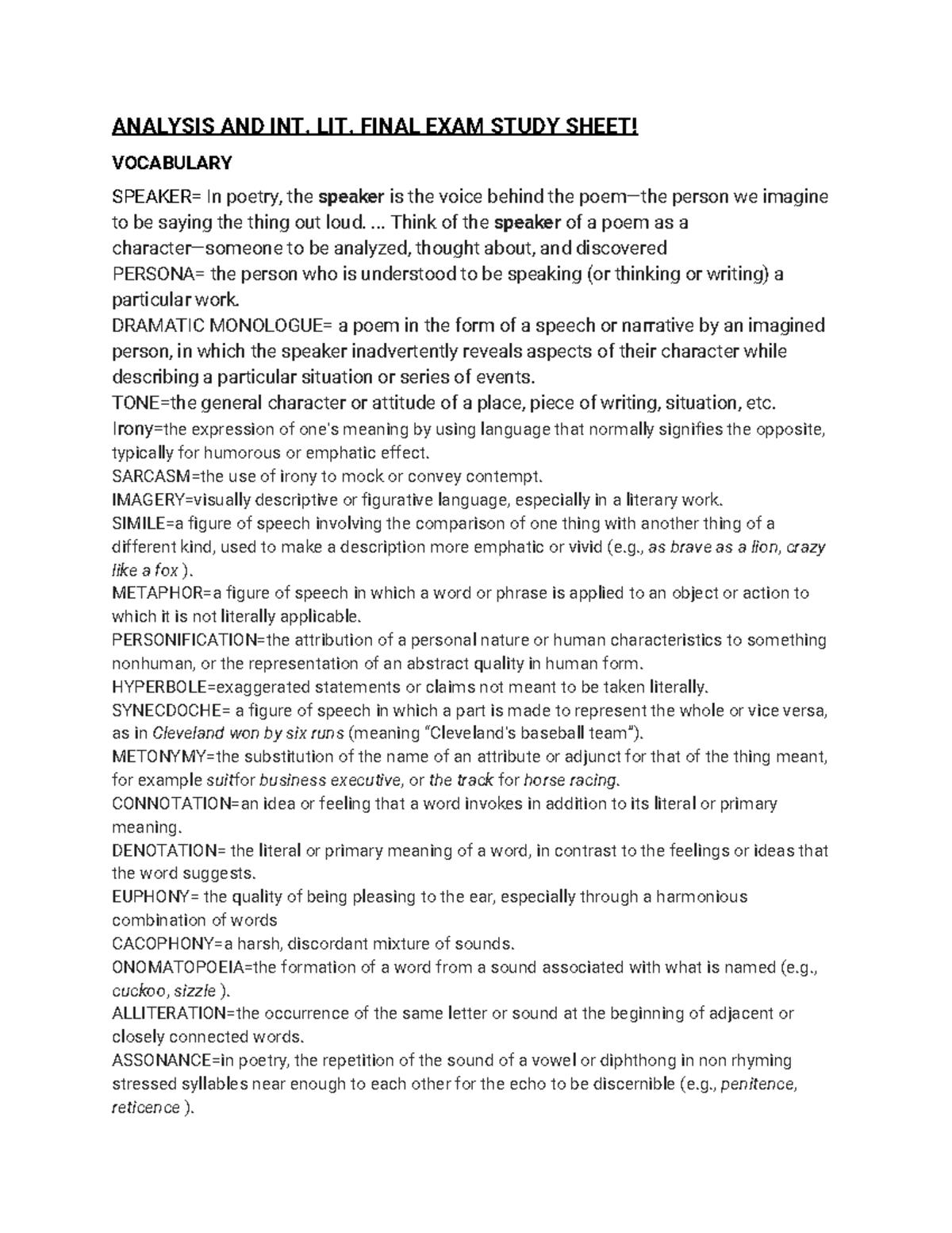 Study Guide for Final Exam - ANALYSIS AND INT. LIT. FINAL EXAM STUDY ...