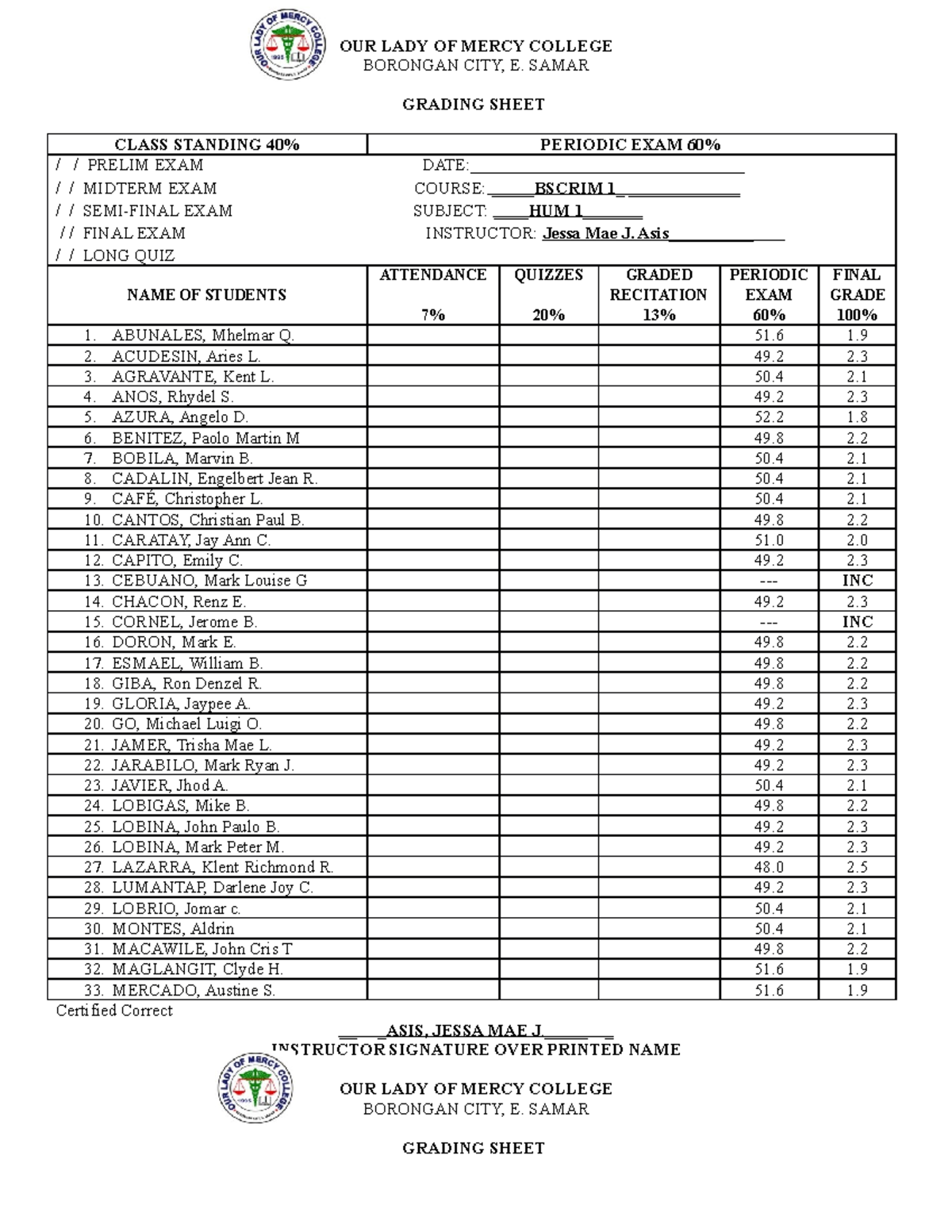 LONG QUIZ NEW SEM - PRACTICE MATERIALS - OUR LADY OF MERCY COLLEGE ...