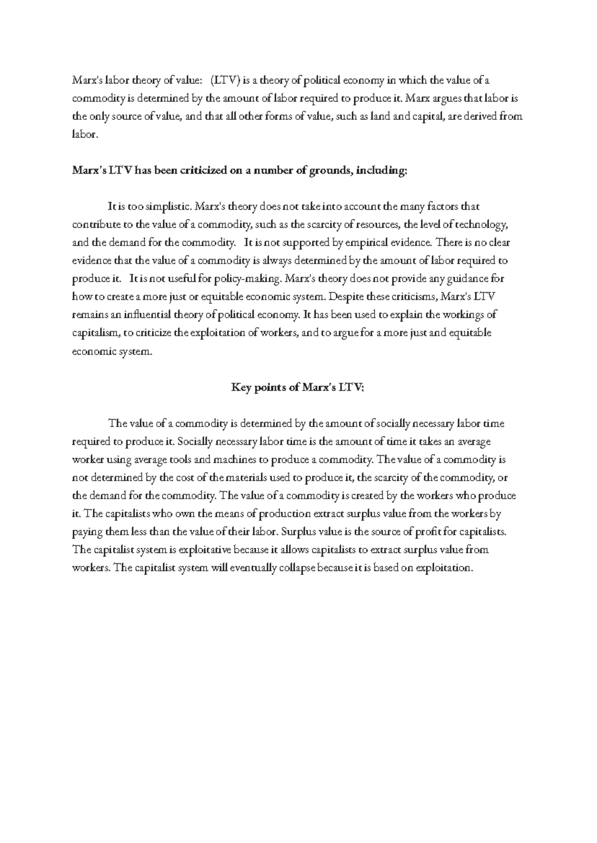 Labour theory and Marx - Marx's labor theory of value: (LTV) is a ...