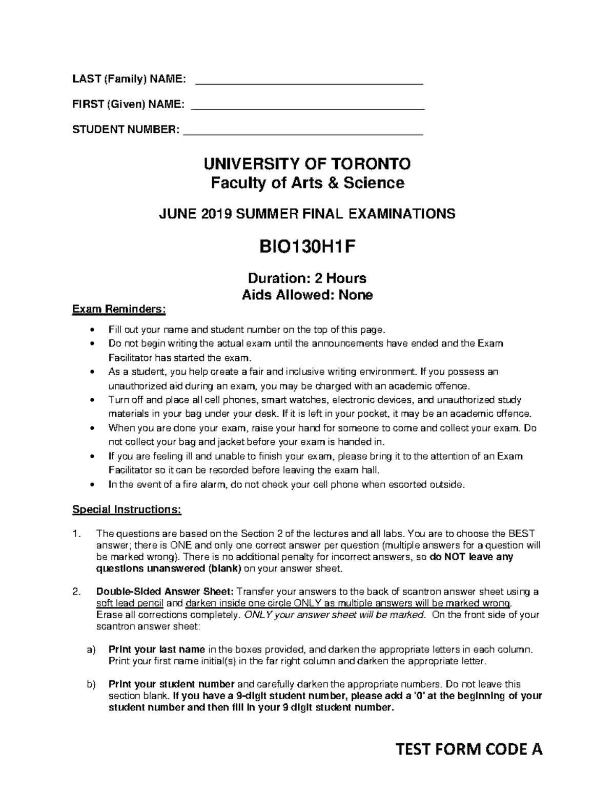 Bio130h-j19 - past exam Q - TEST FORM CODE A LAST (Family) NAME: - Studocu