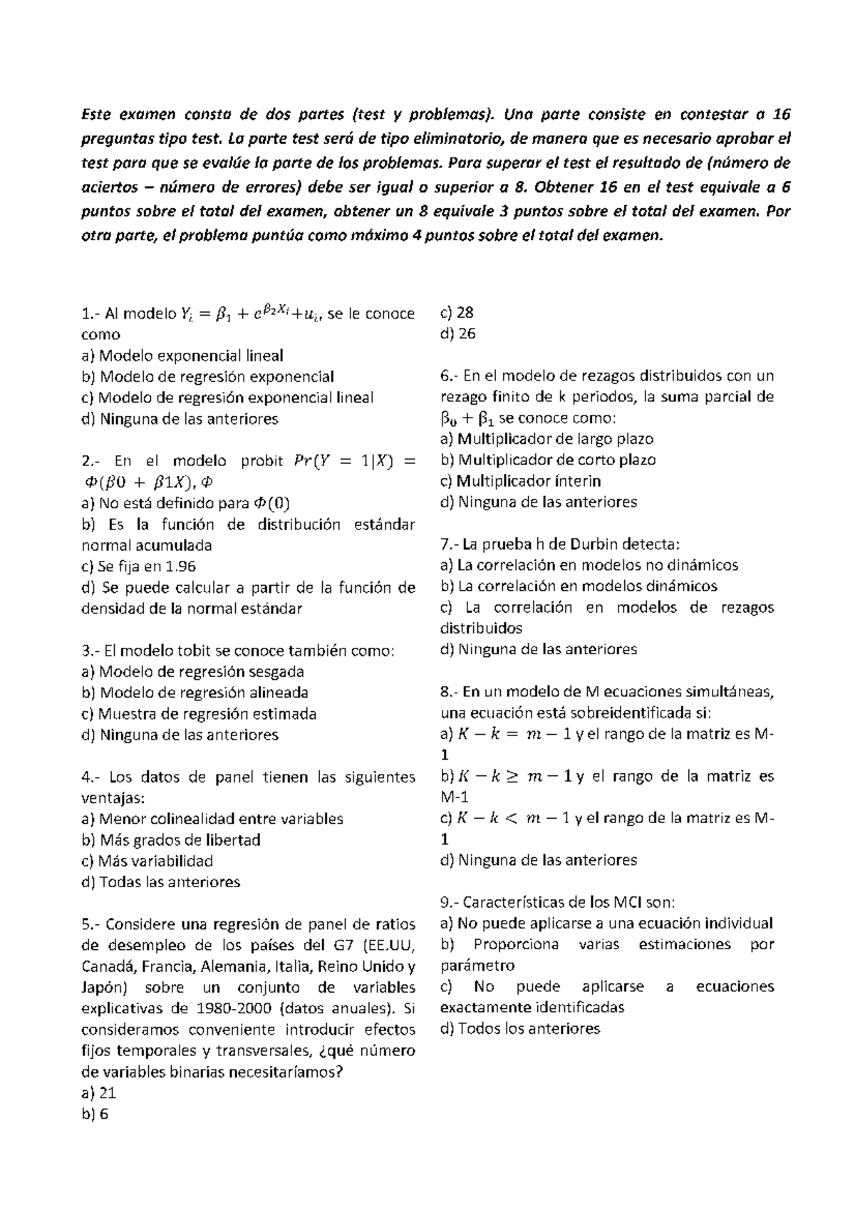 Examen Econometría, preguntas - Econometría (ADE) - Studocu