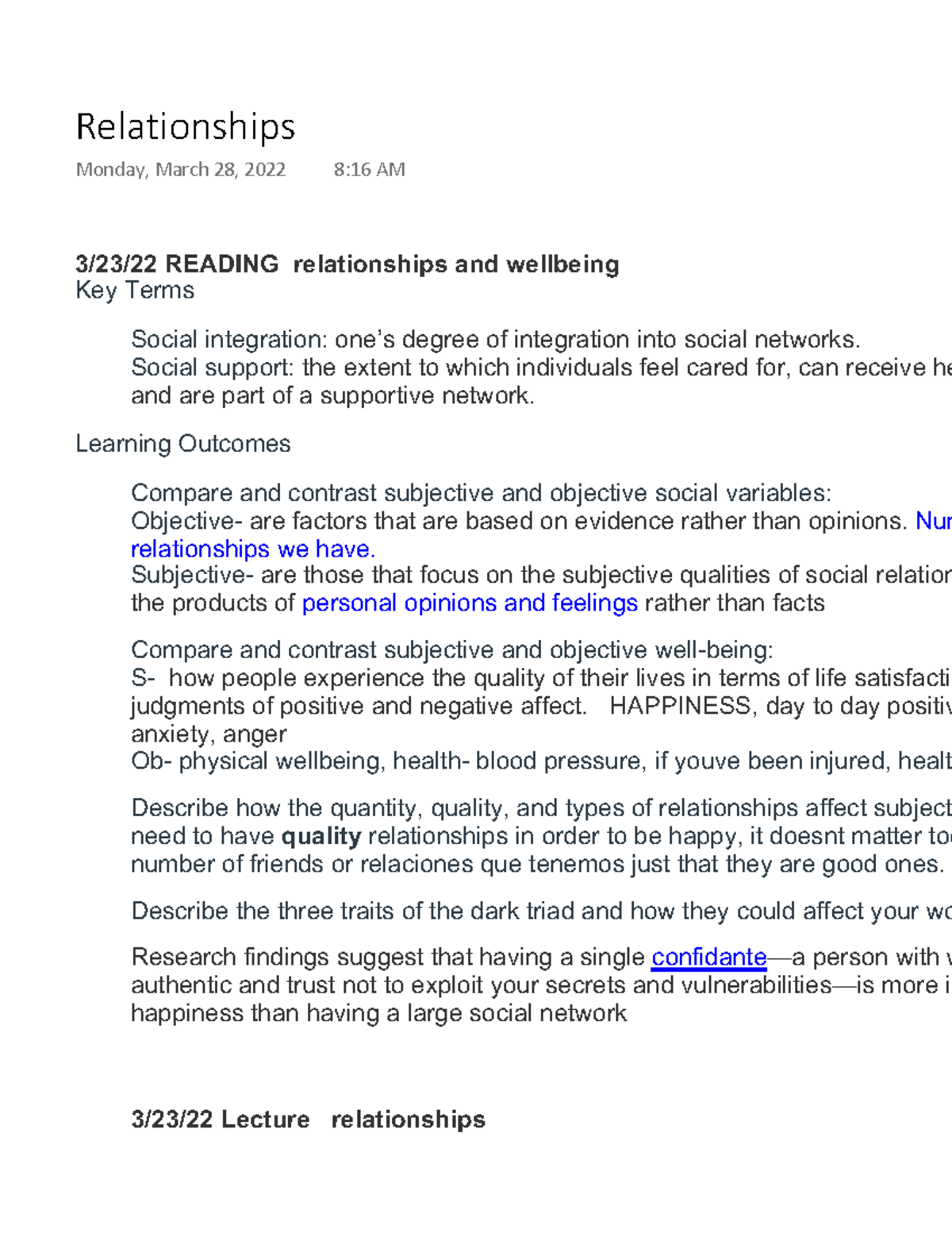 Relationships - This is for Jared's psych class. - 3/23/22 READING ...