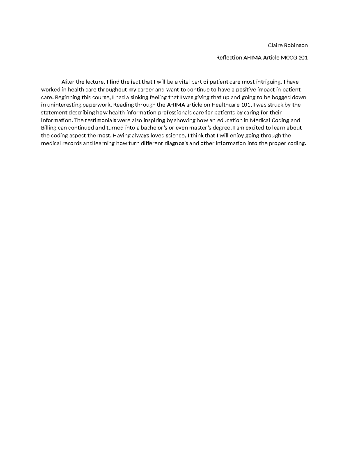 Reflection-Introto Medical Codingand Reimbursement-Claire Robinson ...