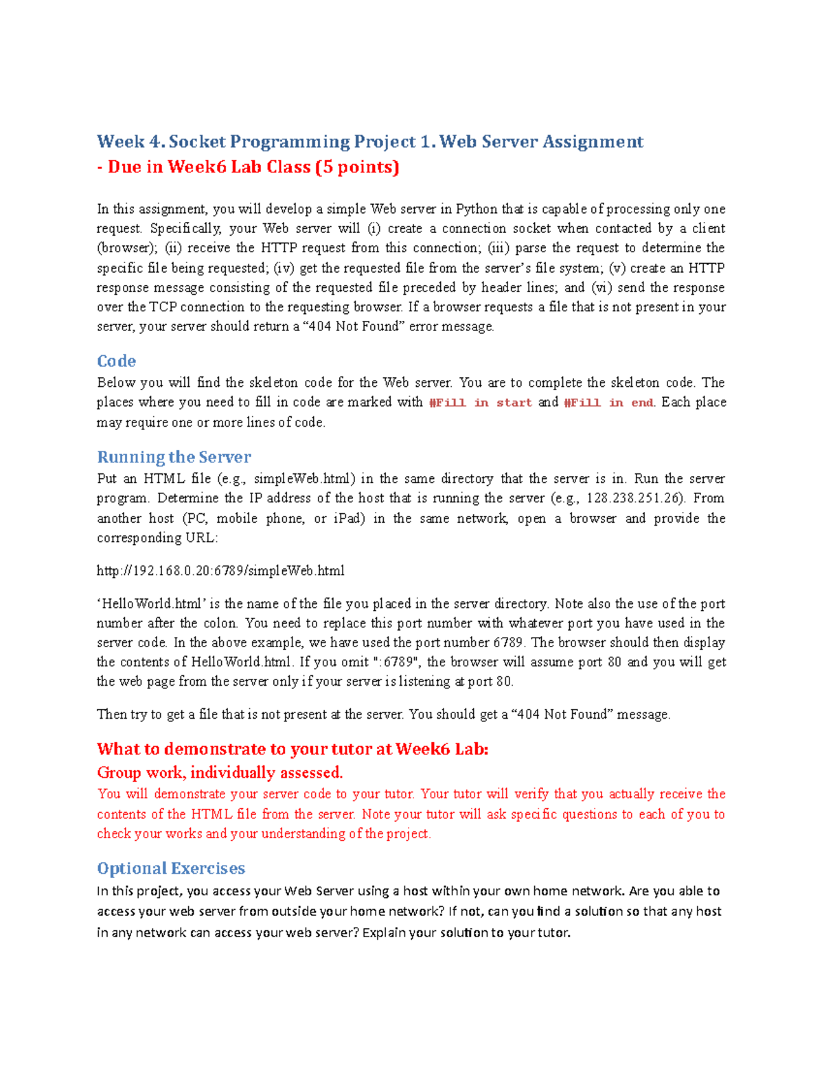Project 1-Task Sheet-Web Server-Project 1 Notice - Week 4. Socket ...