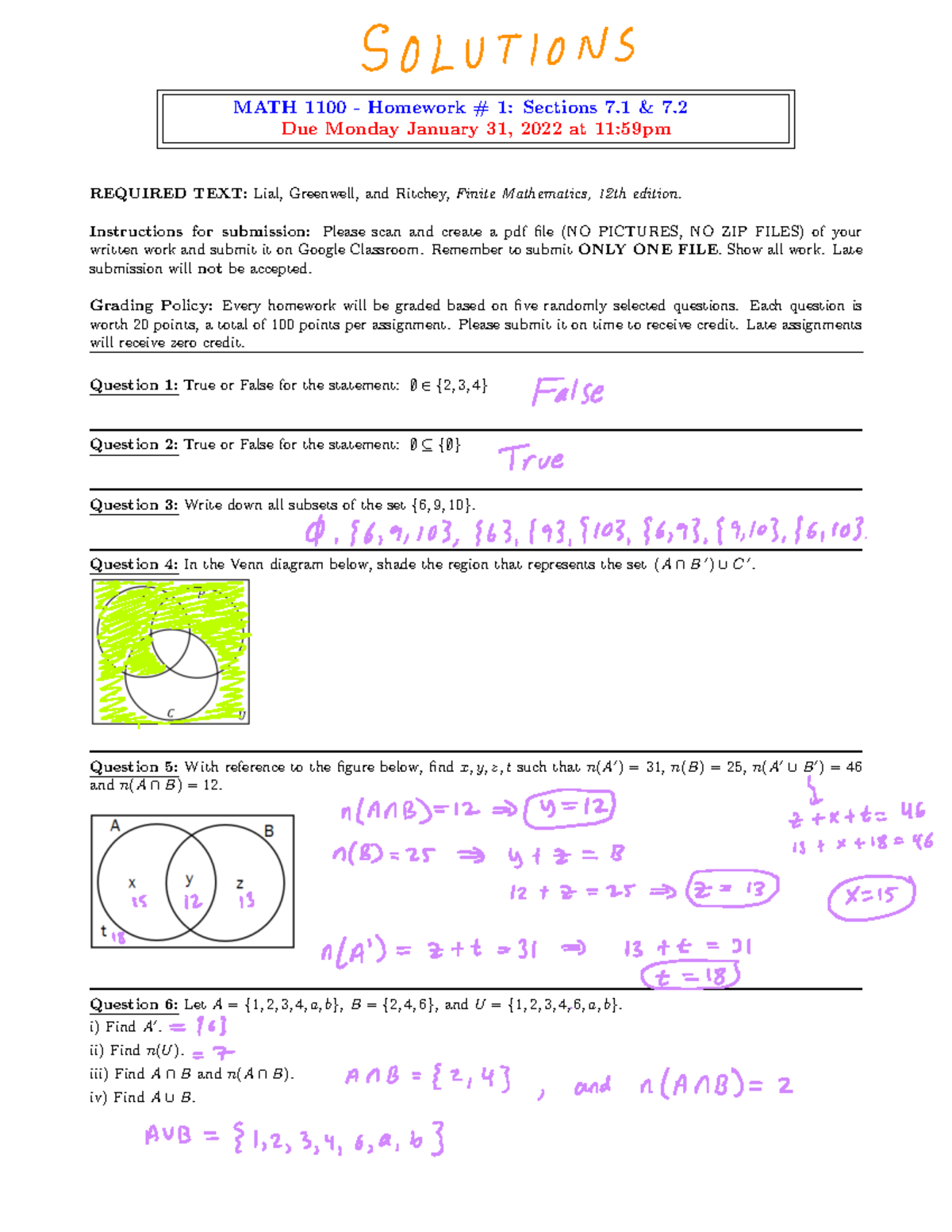 Math 1100 Assignment 1-2 - MATH 1100 - Homework # 1: Sections 7 & 7 ...