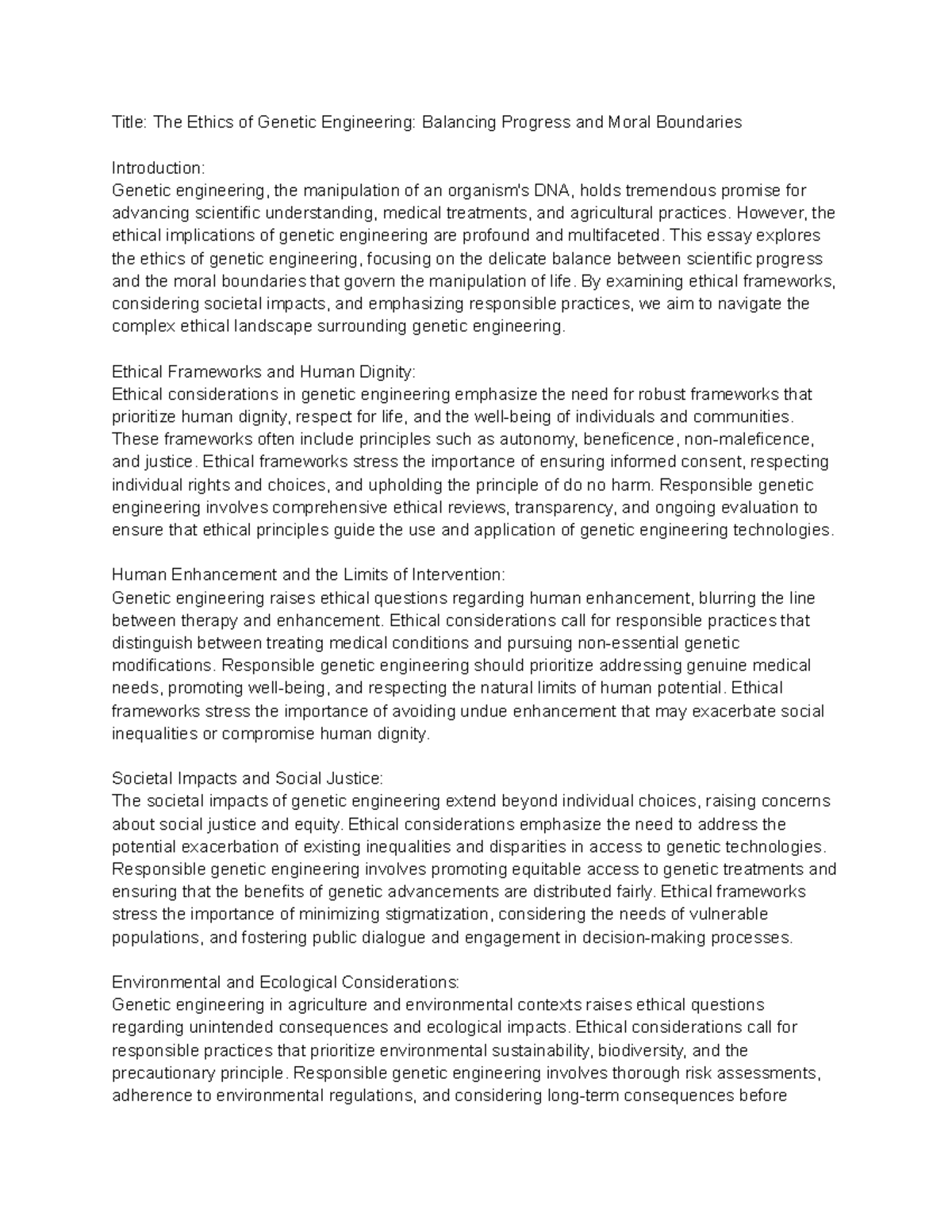 Title The Ethics of Genetic Engineering Balancing Progress and Moral ...