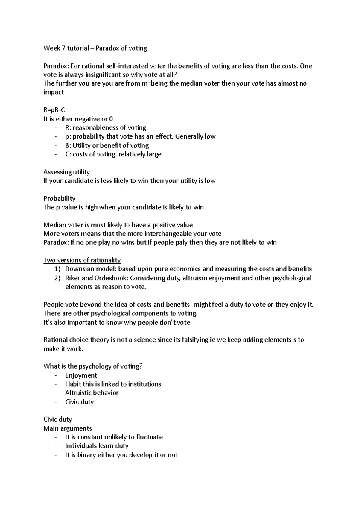 Week 8 tutorial - Week 7 tutorial – Paradox of voting Paradox: For ...