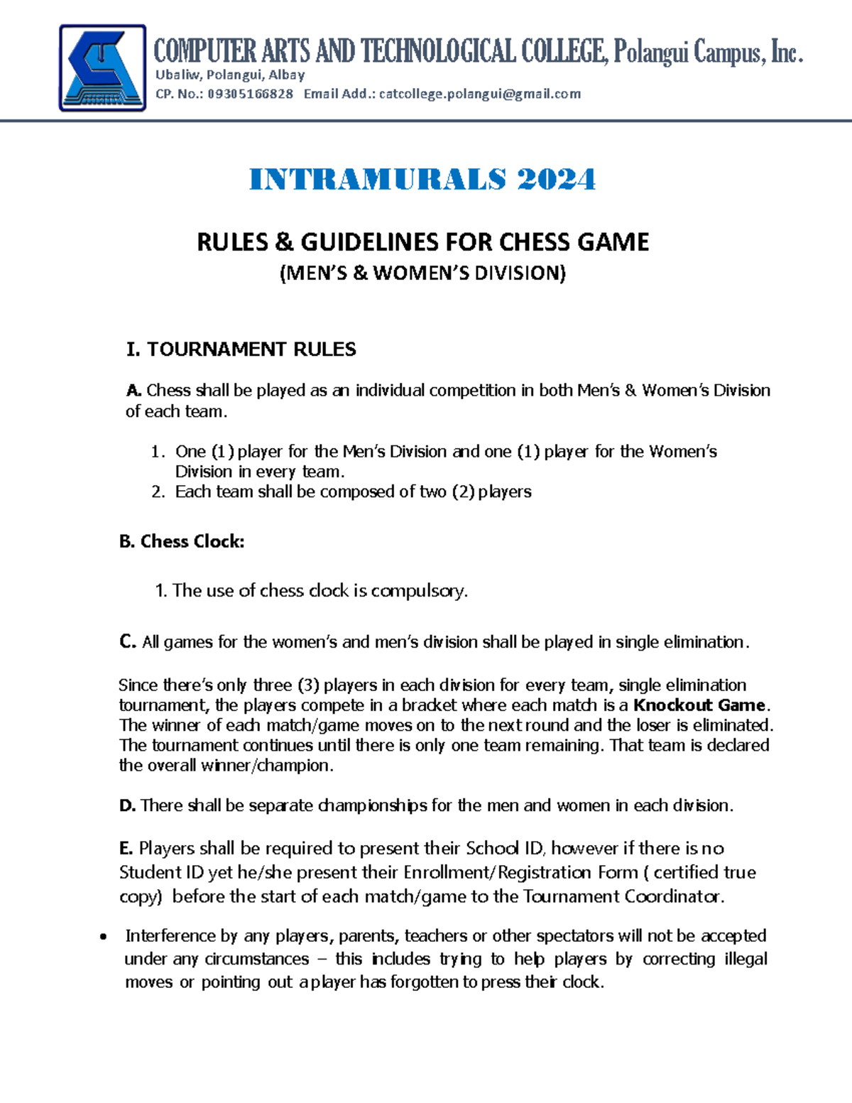 Chess MENS Womens Rulesguidelines - INTRAMURALS 2024 RULES & GUIDELINES ...