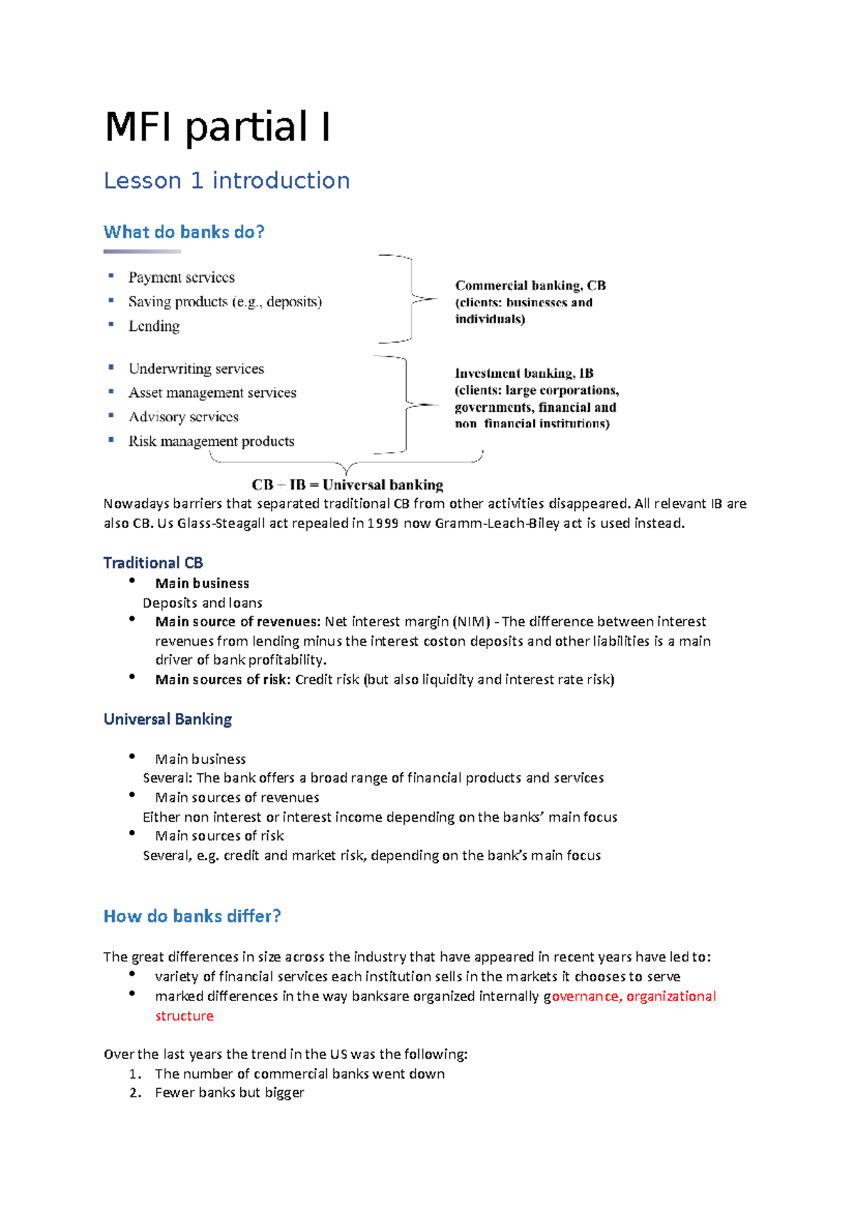 MFI Partial 1 Notes - MFI partial I Lesson 1 introduction What do banks ...