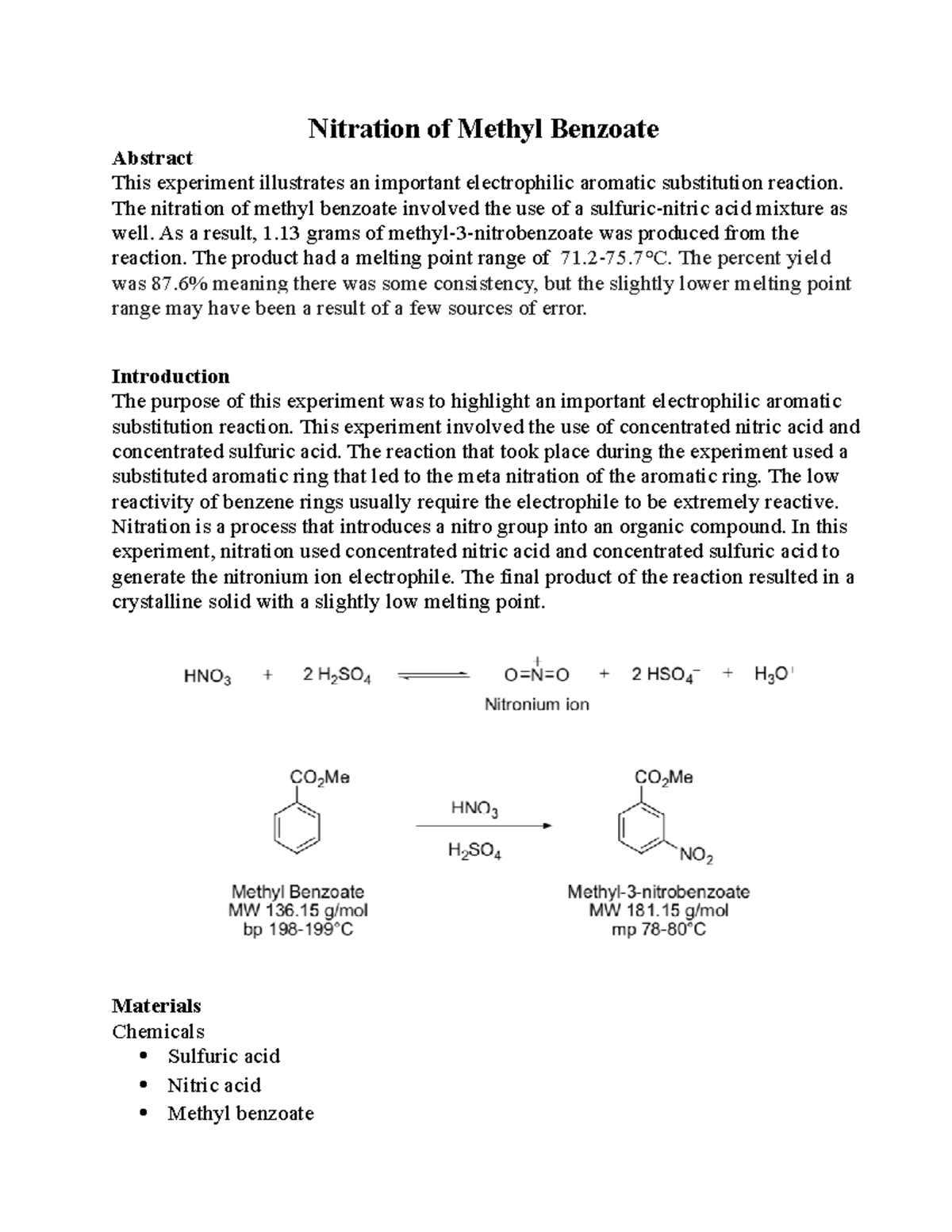 Nitration Methyl Benzoate - Nitration of Methyl Benzoate Abstract This ...