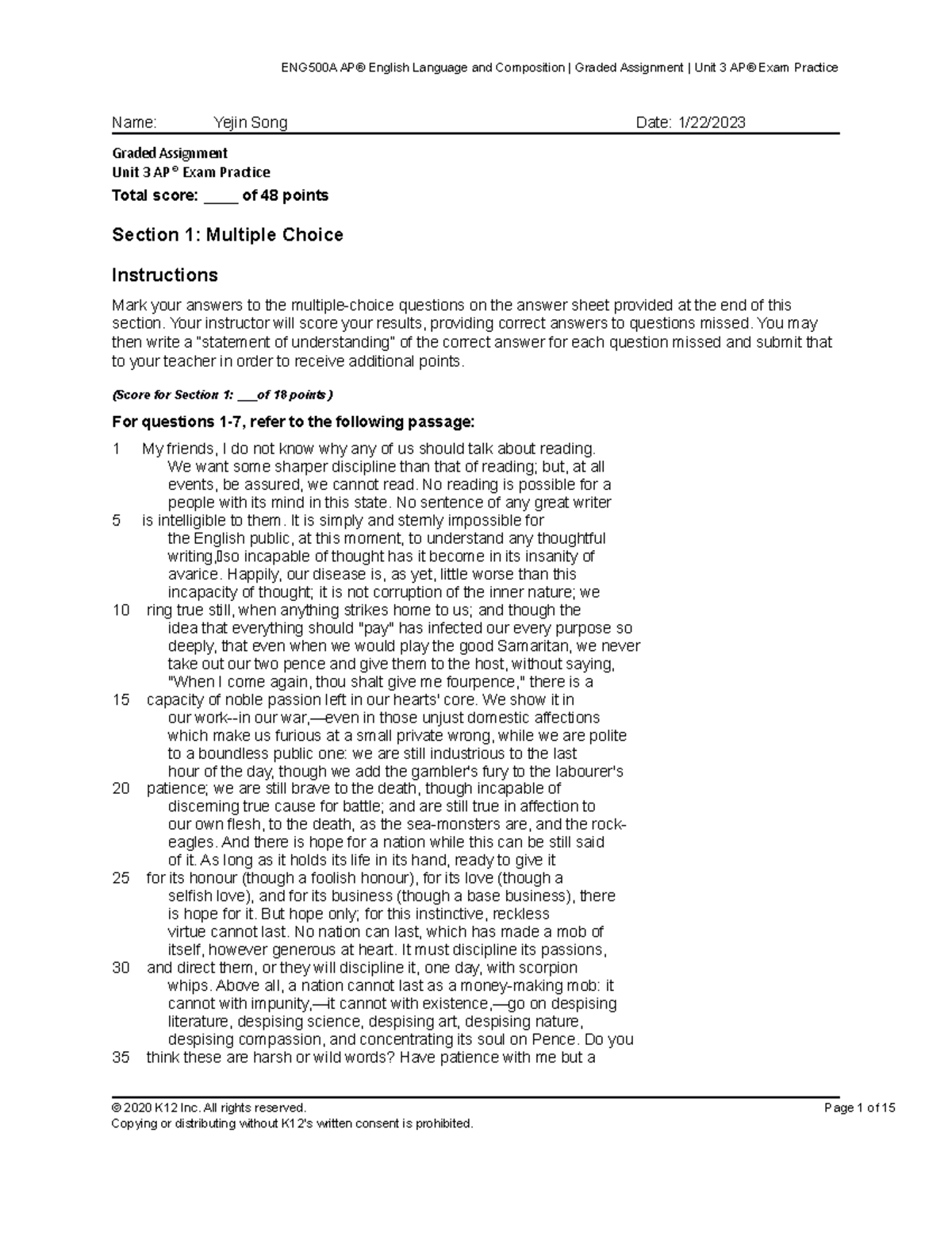 ENG500A Unit 3 AP Exam Practice GA - Name: Yejin Song Date: 1/22 ...