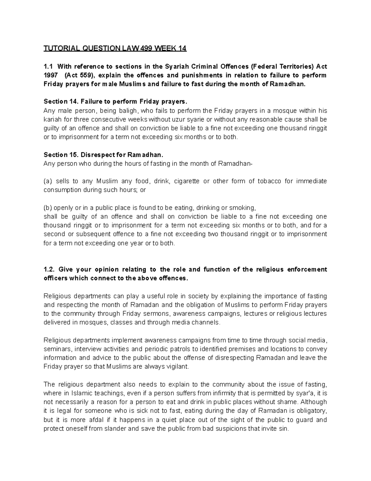 Tutorial Question LAW 499 WEEK 14 - TUTORIAL QUESTION LAW 499 WEEK 14 1 ...