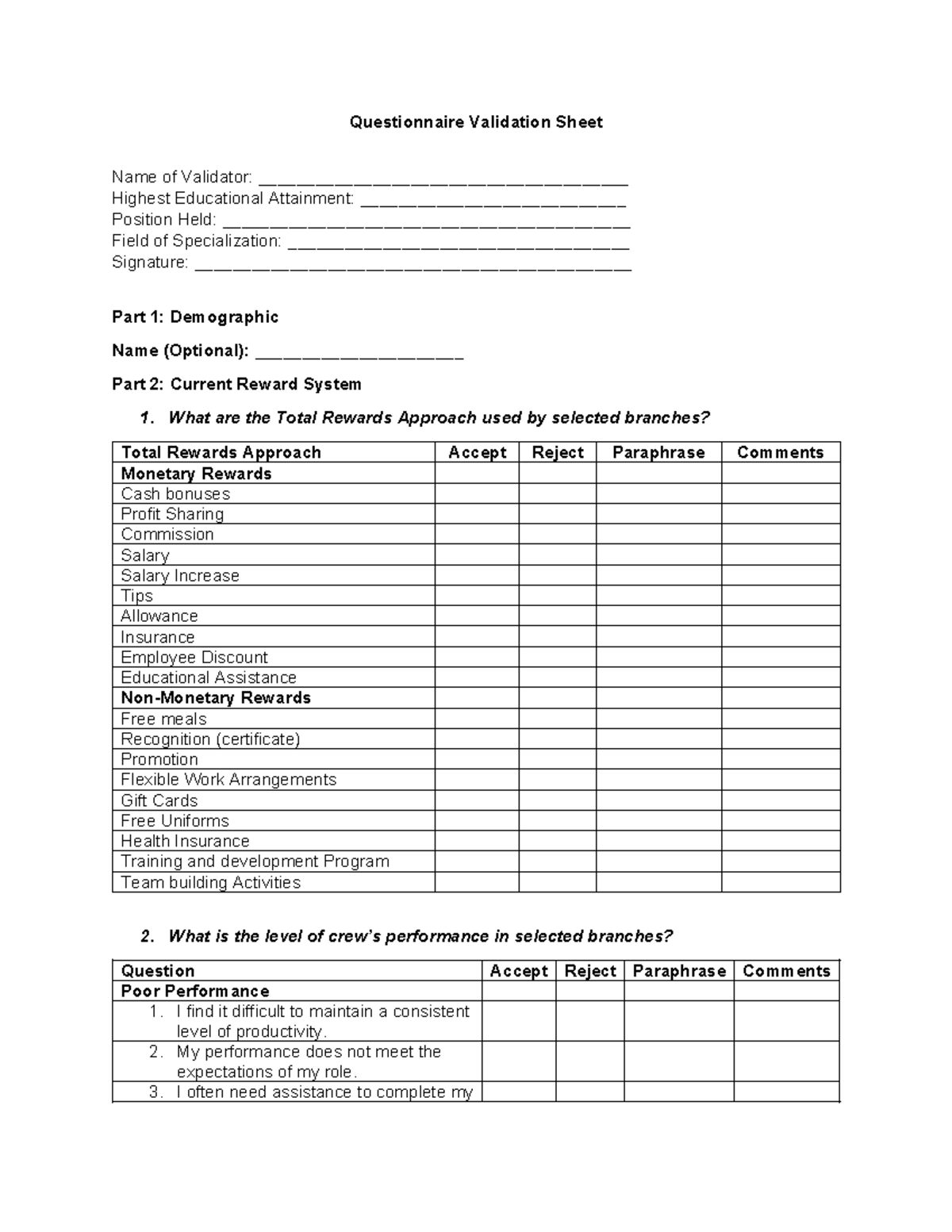 Questionnaire-Validation-Sheet - Questionnaire Validation Sheet Name of Validator: - Studocu