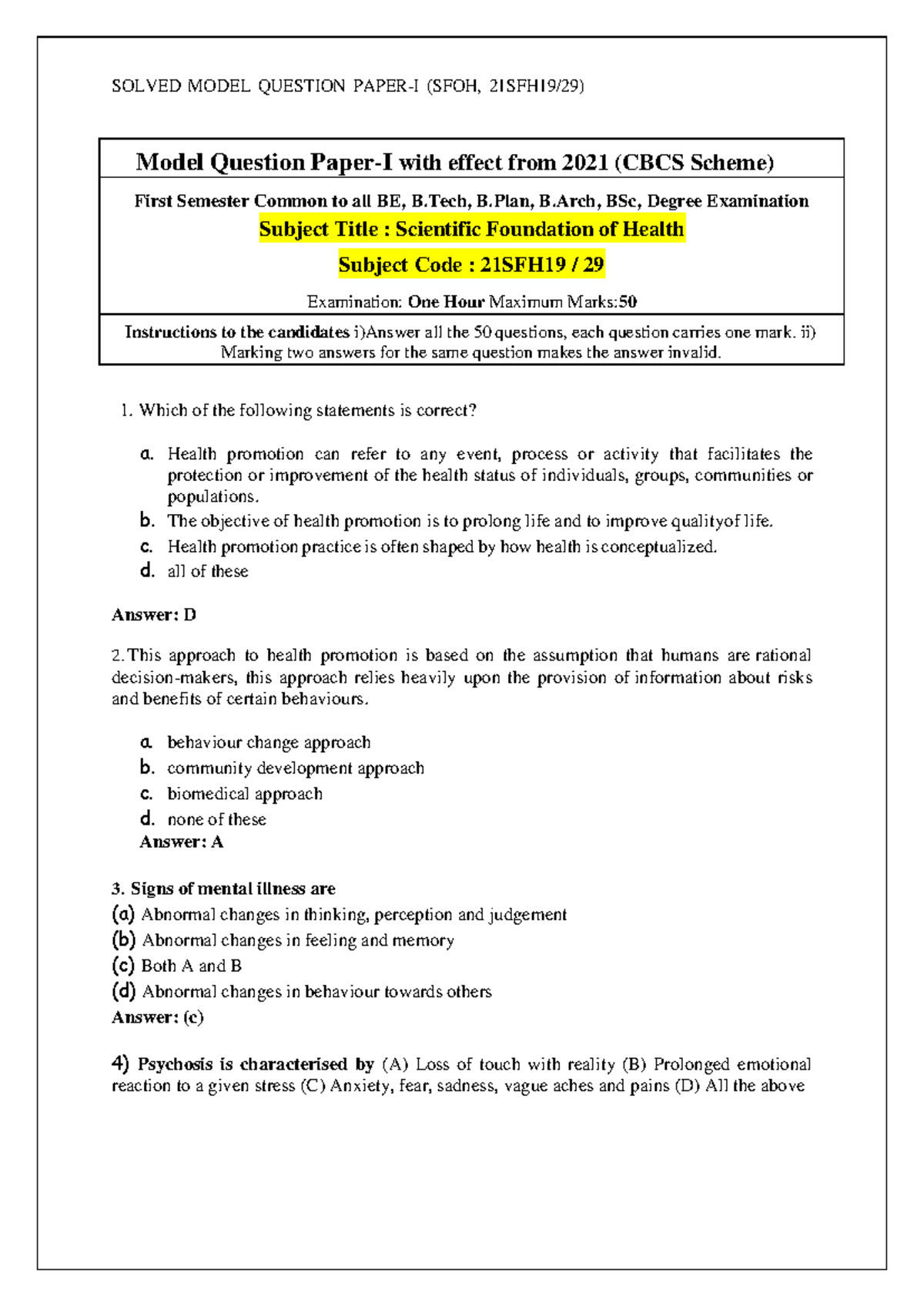 Solved Model QPS Set 1 SFH - Model Question Paper-I with effect from 2021 (CBCS Scheme) First ...