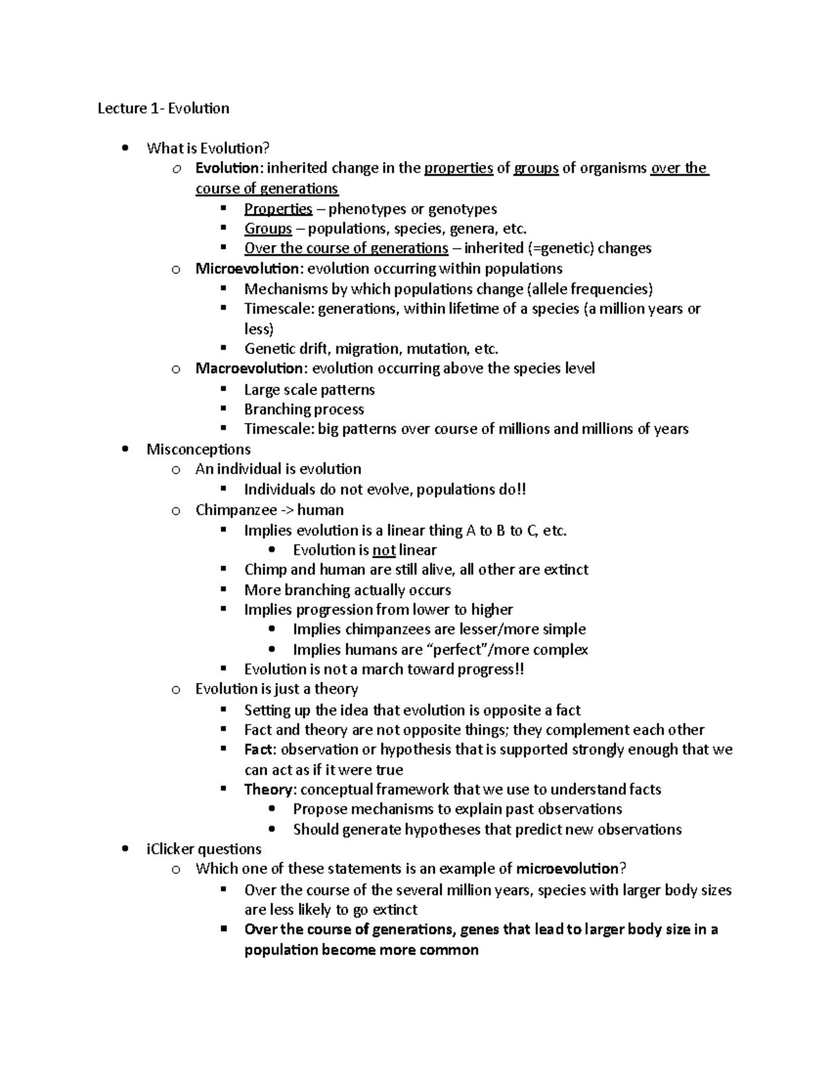 Lecture 1- Evolution - Over the course of generations – inherited ...